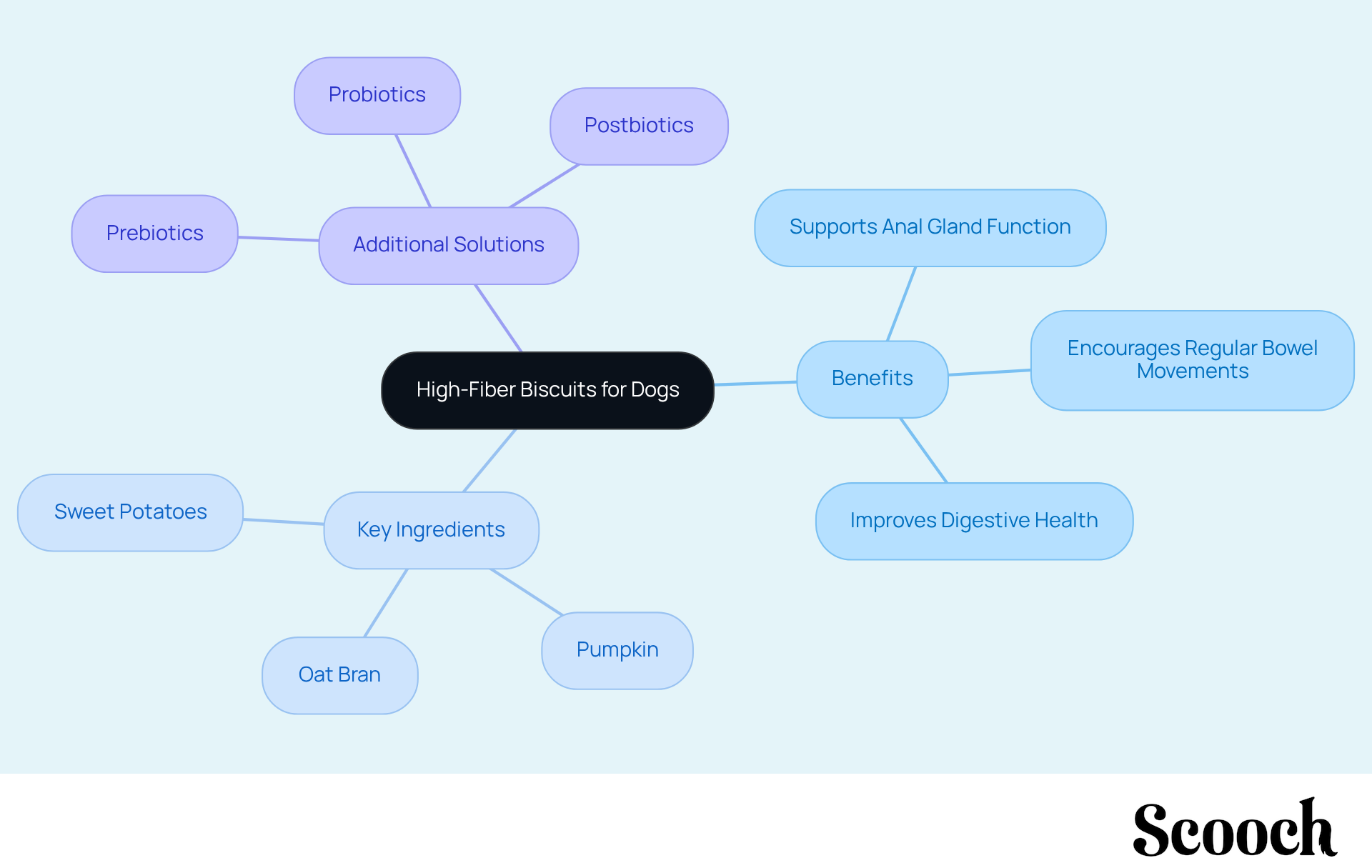 The central node represents the main topic, while branches show the benefits, key ingredients, and additional solutions for your dog's digestive health. Each color-coded branch helps you easily identify different aspects of how high-fiber biscuits contribute to your pet's well-being.