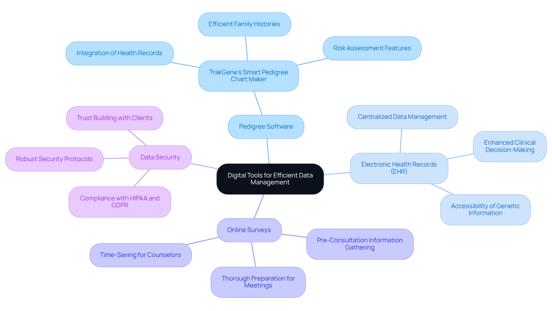 The center represents the main focus on digital tools, while the branches show specific tools and their benefits. Each color-coded branch helps you quickly identify different categories of tools and their contributions to improving patient care.