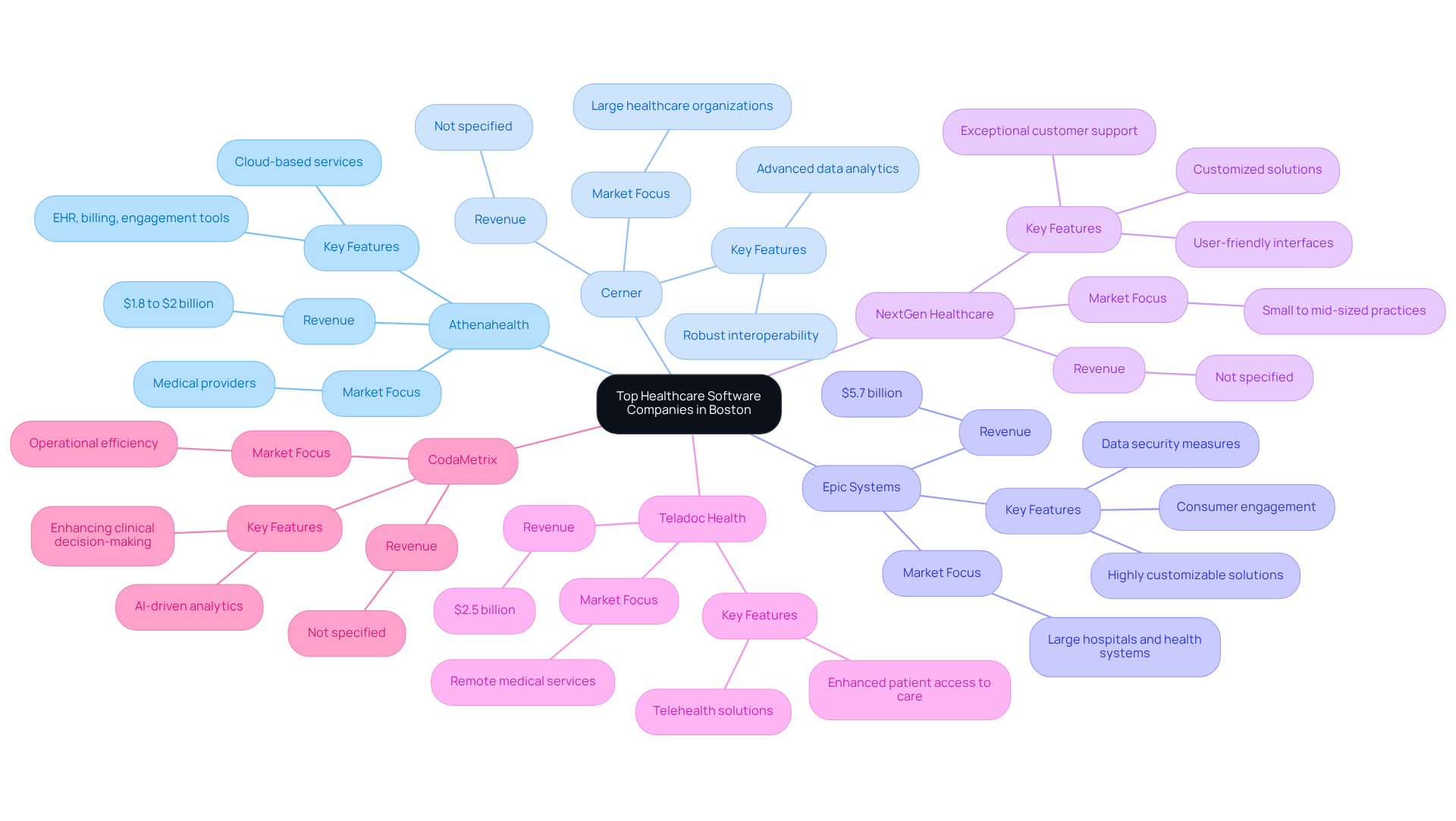 The central node represents the overall topic, while each branch represents a different company. Sub-branches provide details about revenue, features, and market focus, making it easy to see how each company stands out.