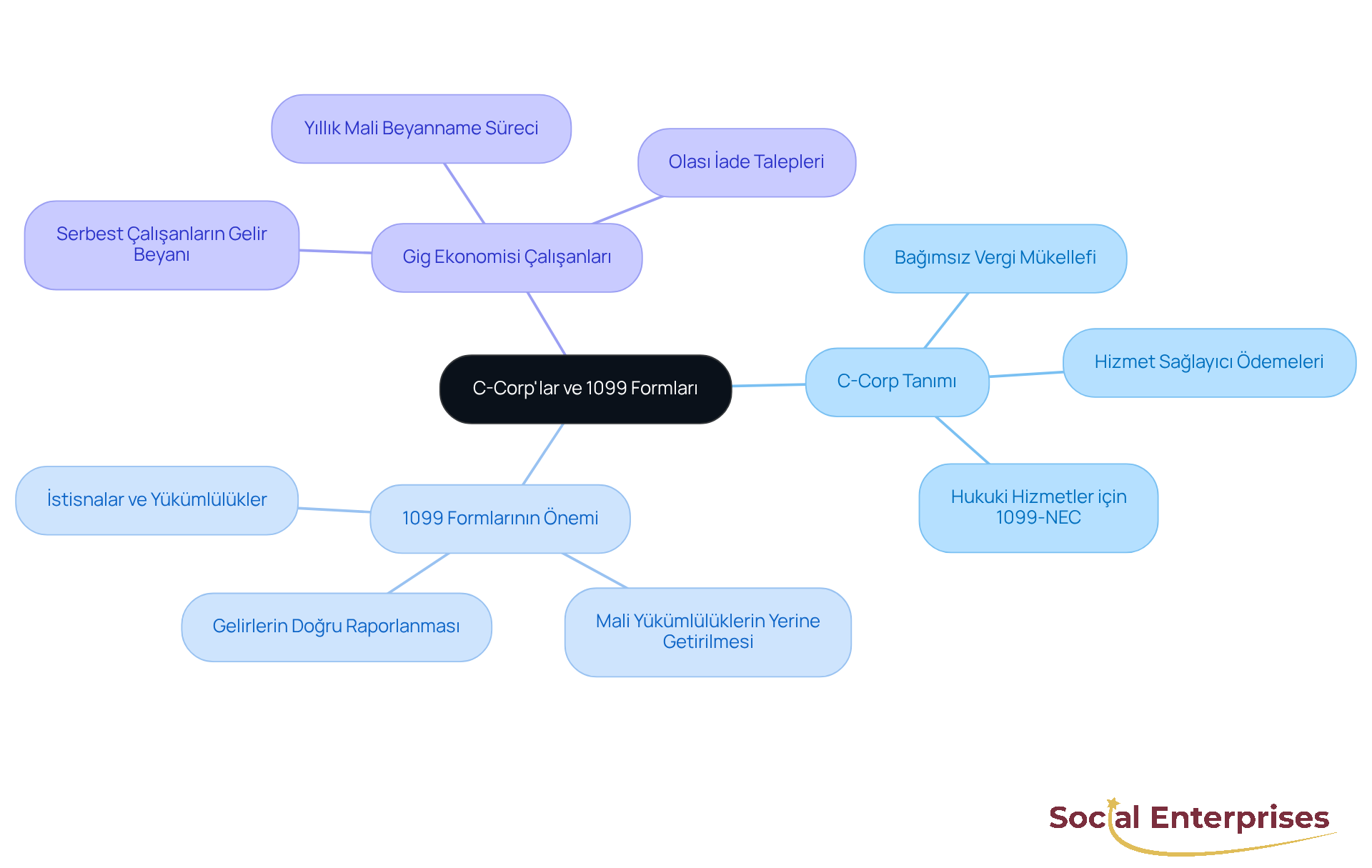 Merkezde C-Corp'lar ve 1099 formları ile ilgili temel konular yer alıyor. Dallar, bu konuların alt başlıklarını gösteriyor. Renkler, her ana konuyu ayırt etmek için kullanılıyor.
