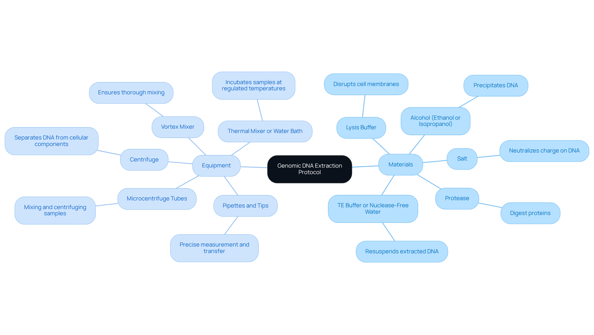 The central node represents the overall protocol, while the branches show the necessary materials and equipment. Each item is essential for the process, and the descriptions help clarify their specific roles in DNA extraction.