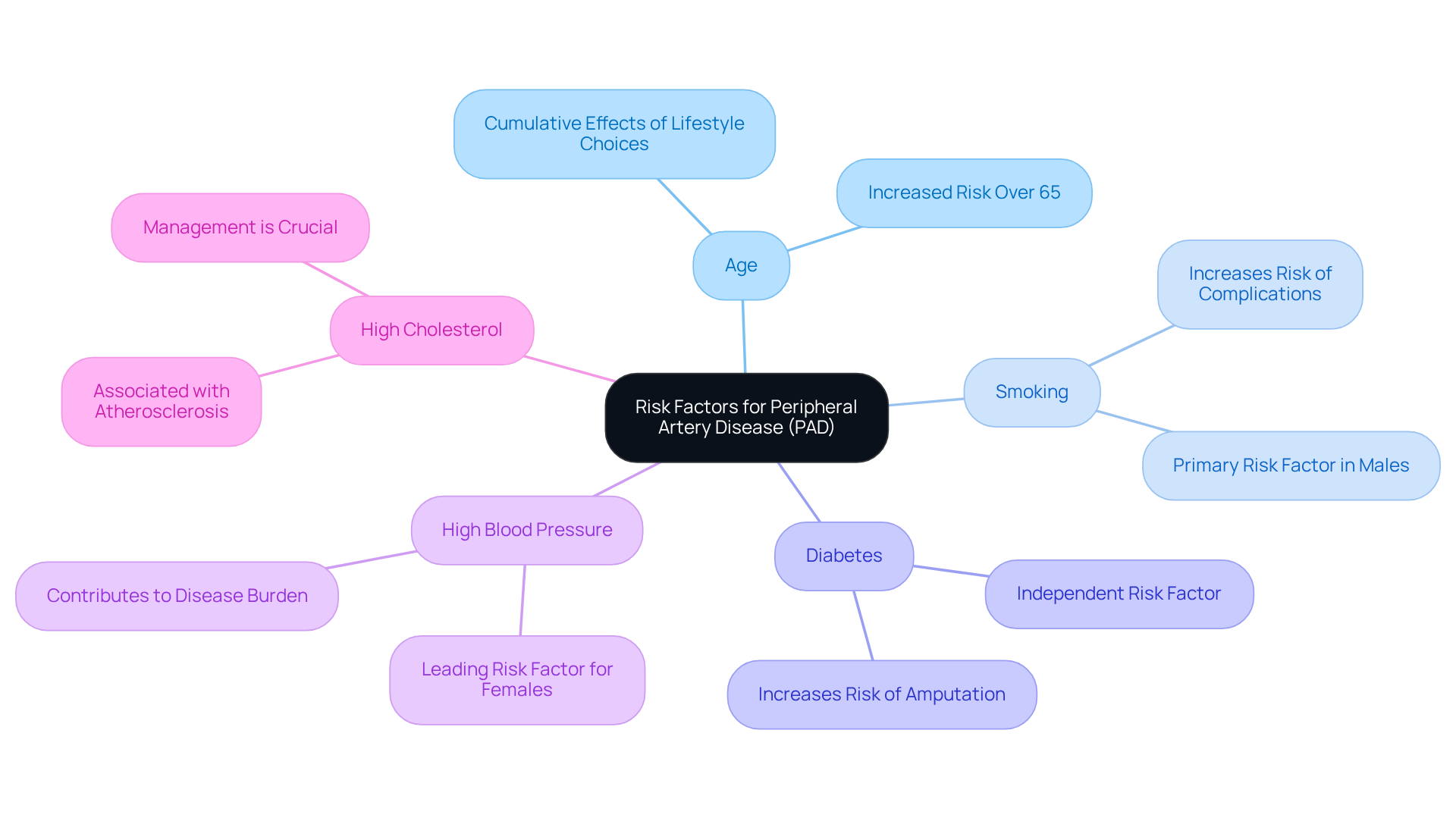 The central node represents Peripheral Artery Disease, while the branches show the key risk factors. Each branch highlights an important aspect to consider for health management.