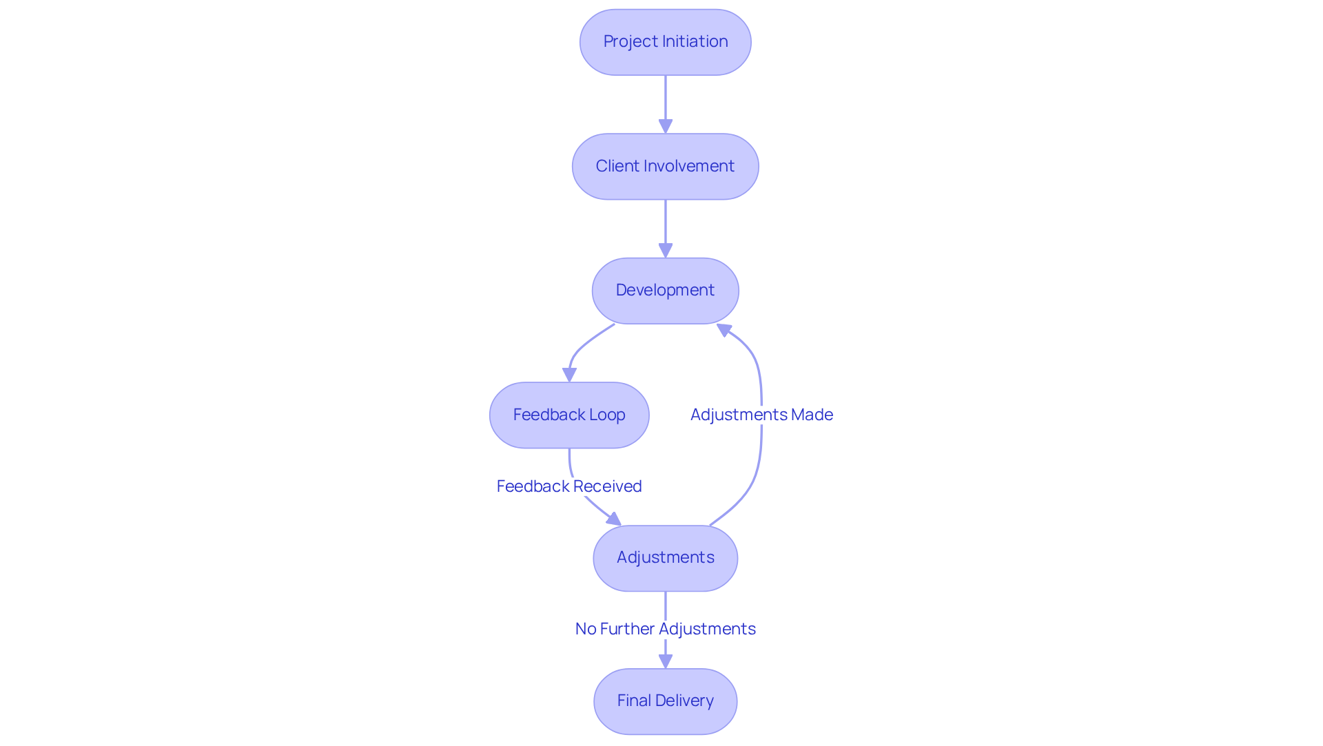 Each box represents a key stage in the software development process. Follow the arrows to understand how client feedback leads to adjustments and how the project evolves to meet their needs.