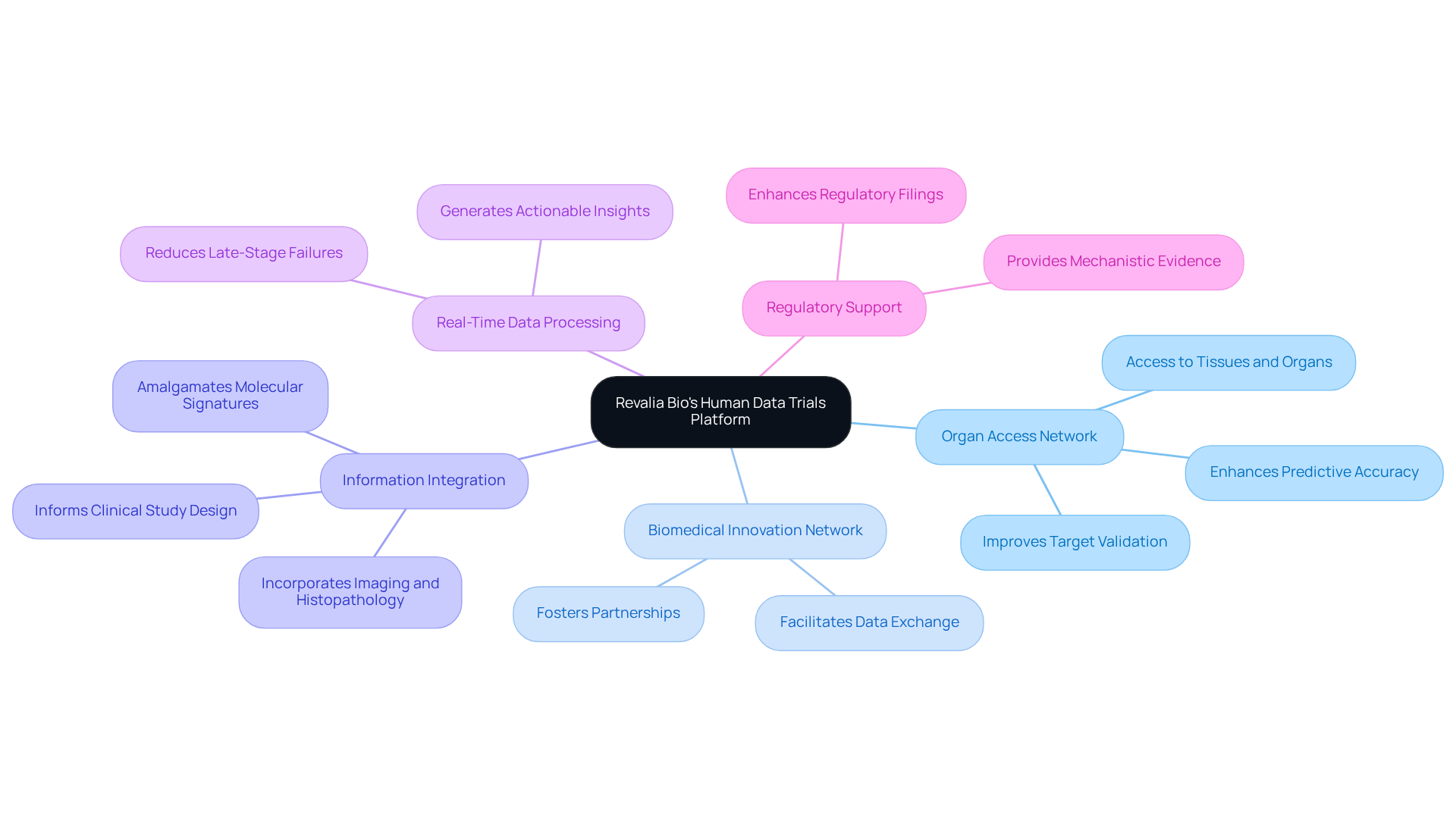 The central node represents the platform, while each branch highlights a key component. Follow the branches to understand how each part contributes to the overall goal of improving drug development.