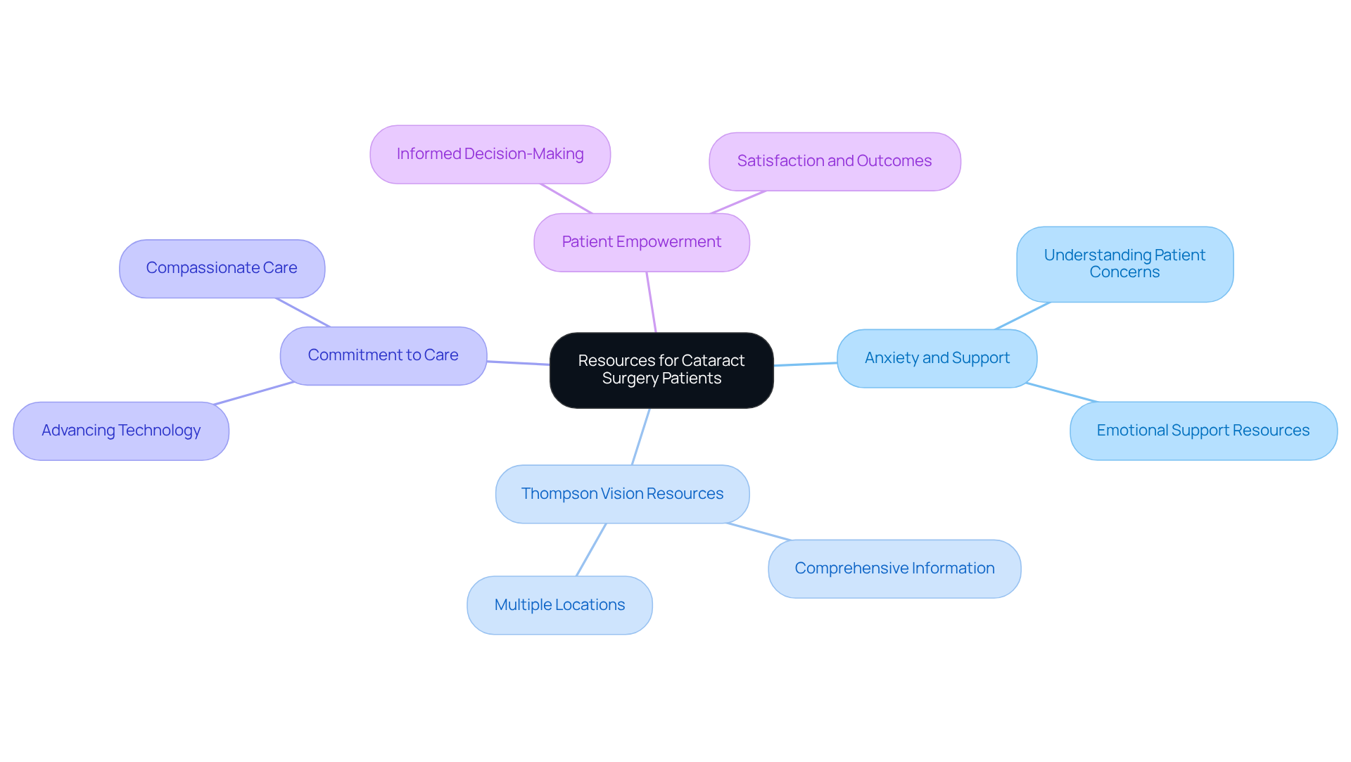The central node represents the main focus on resources for patients. Each branch highlights a specific theme related to patient care and support, making it easy to see how they connect and reinforce each other. The central node represents the main focus on resources for patients. Each branch highlights a specific theme related to patient care and support, making it easy to see how they connect and reinforce each other.