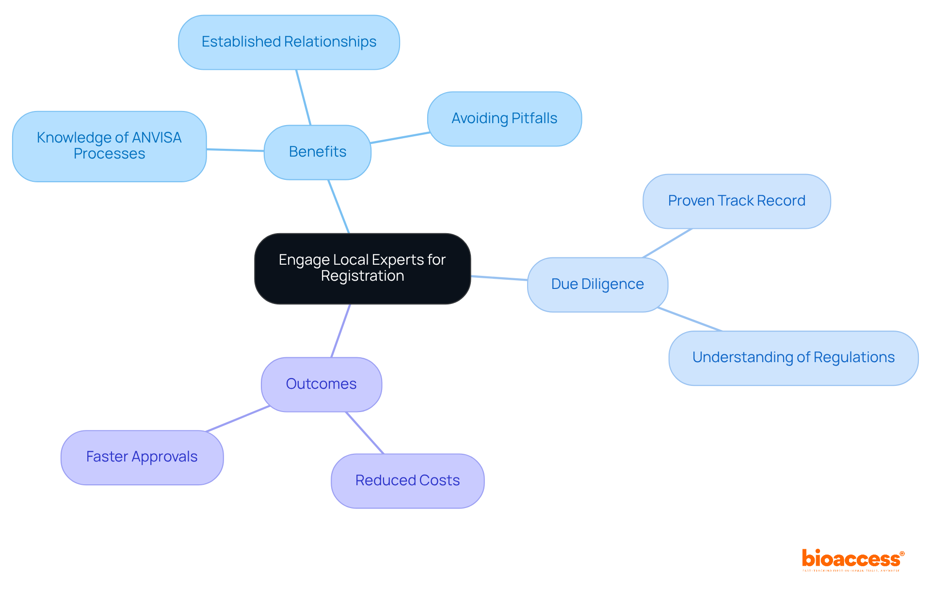 The central idea is about engaging local experts, with branches showing the benefits, the importance of due diligence, and the positive outcomes of this strategy. Each branch helps you understand how these elements contribute to a smoother registration process.