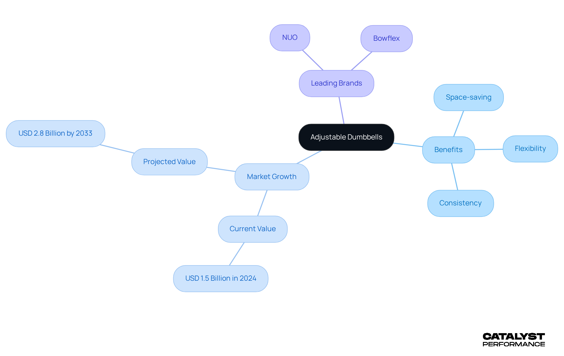 The center shows the main topic of adjustable dumbbells. Follow the branches to explore their benefits, market growth, and the brands that are making a difference in the fitness world.