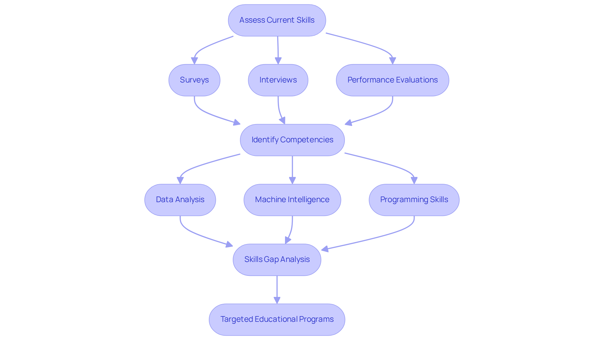 Follow the arrows to see how organizations assess current skills and identify gaps. Each step shows a method or area of focus, leading to targeted training solutions.