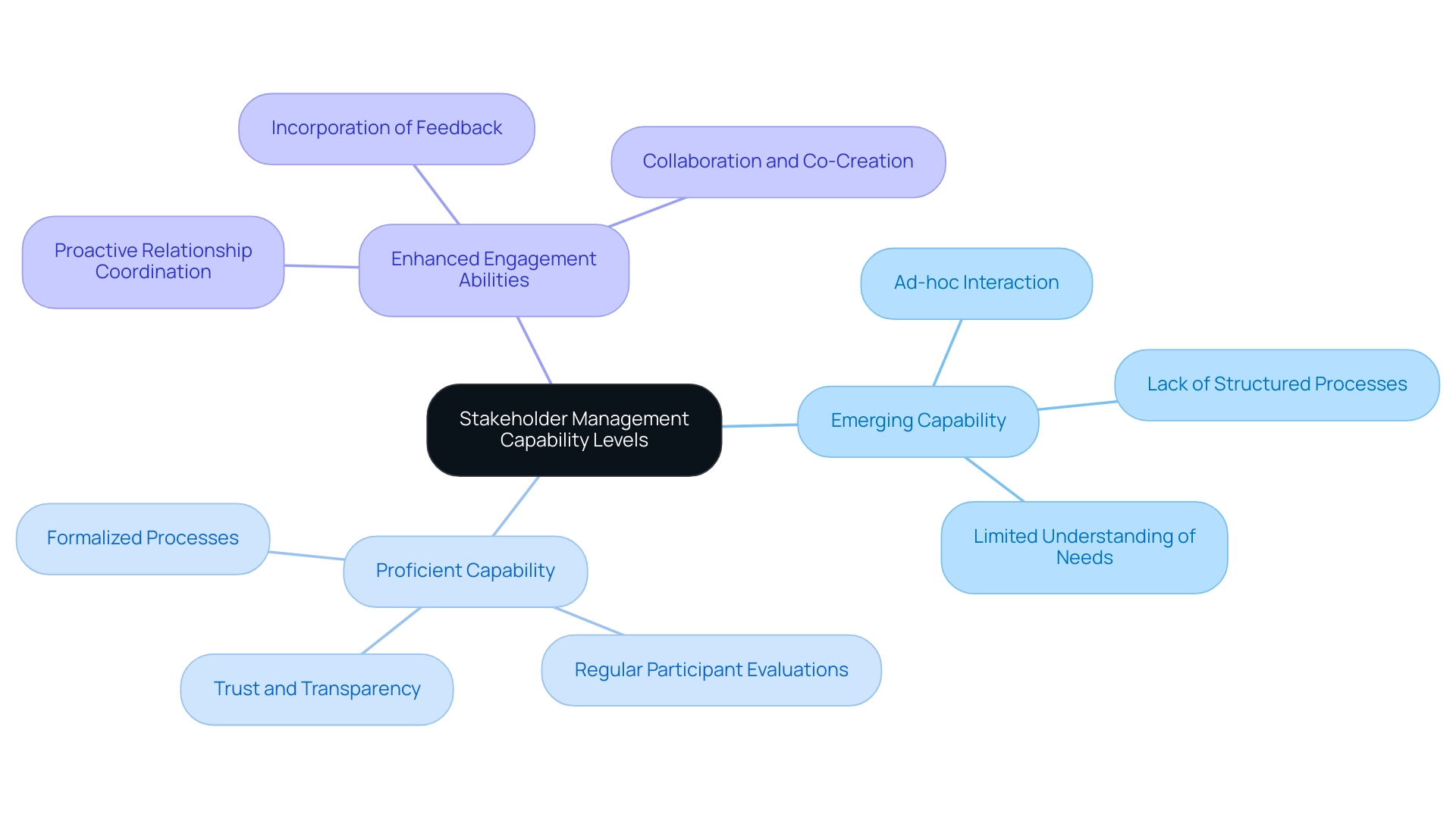 The central node represents stakeholder management capabilities, with branches for each capability level. Each sub-branch lists specific characteristics unique to that level.