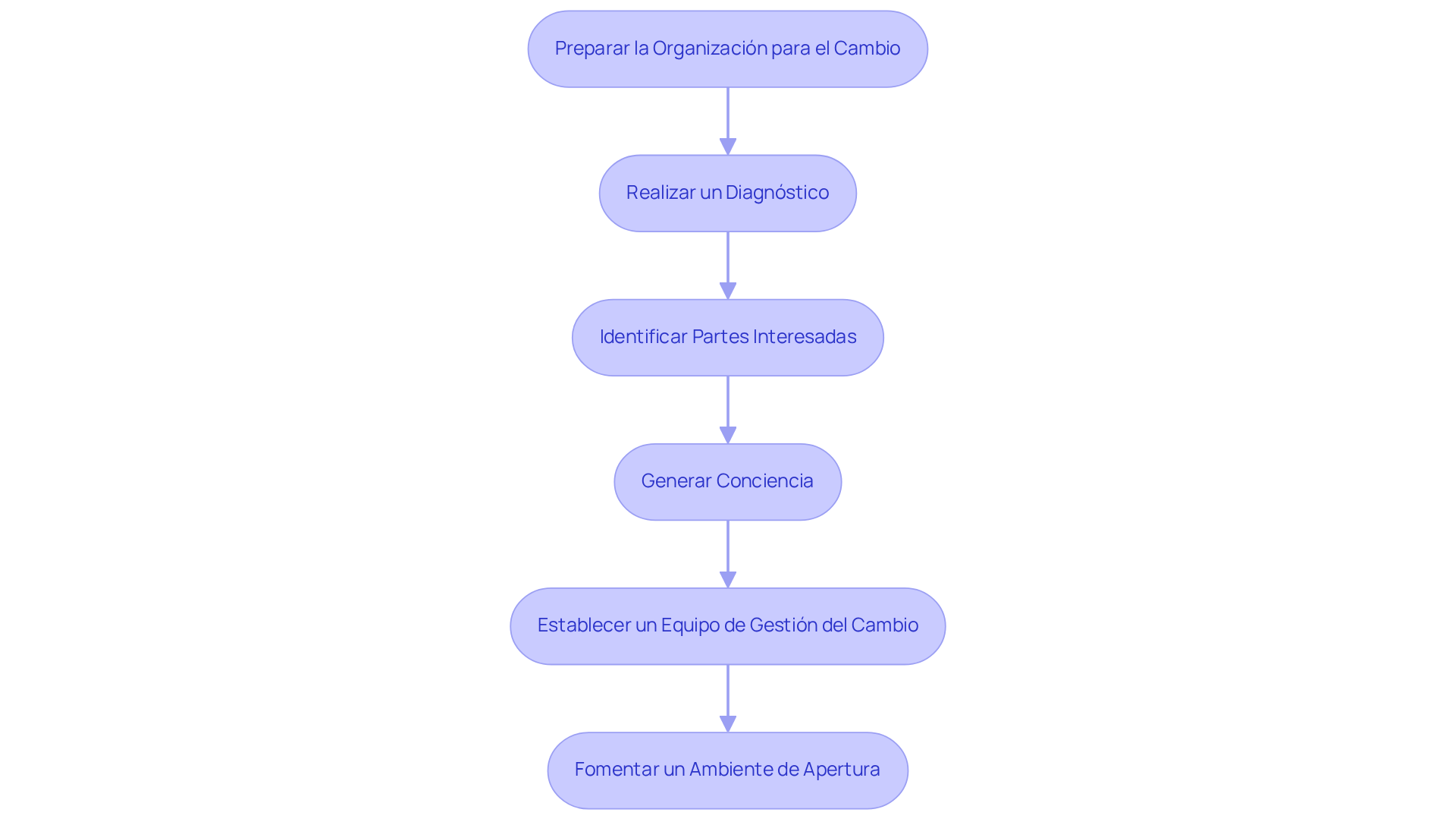 Cada cuadro representa un paso en el proceso de transformación. Sigue las flechas para ver cómo cada etapa se conecta con la siguiente, ayudando a entender cómo preparar la organización para el cambio.