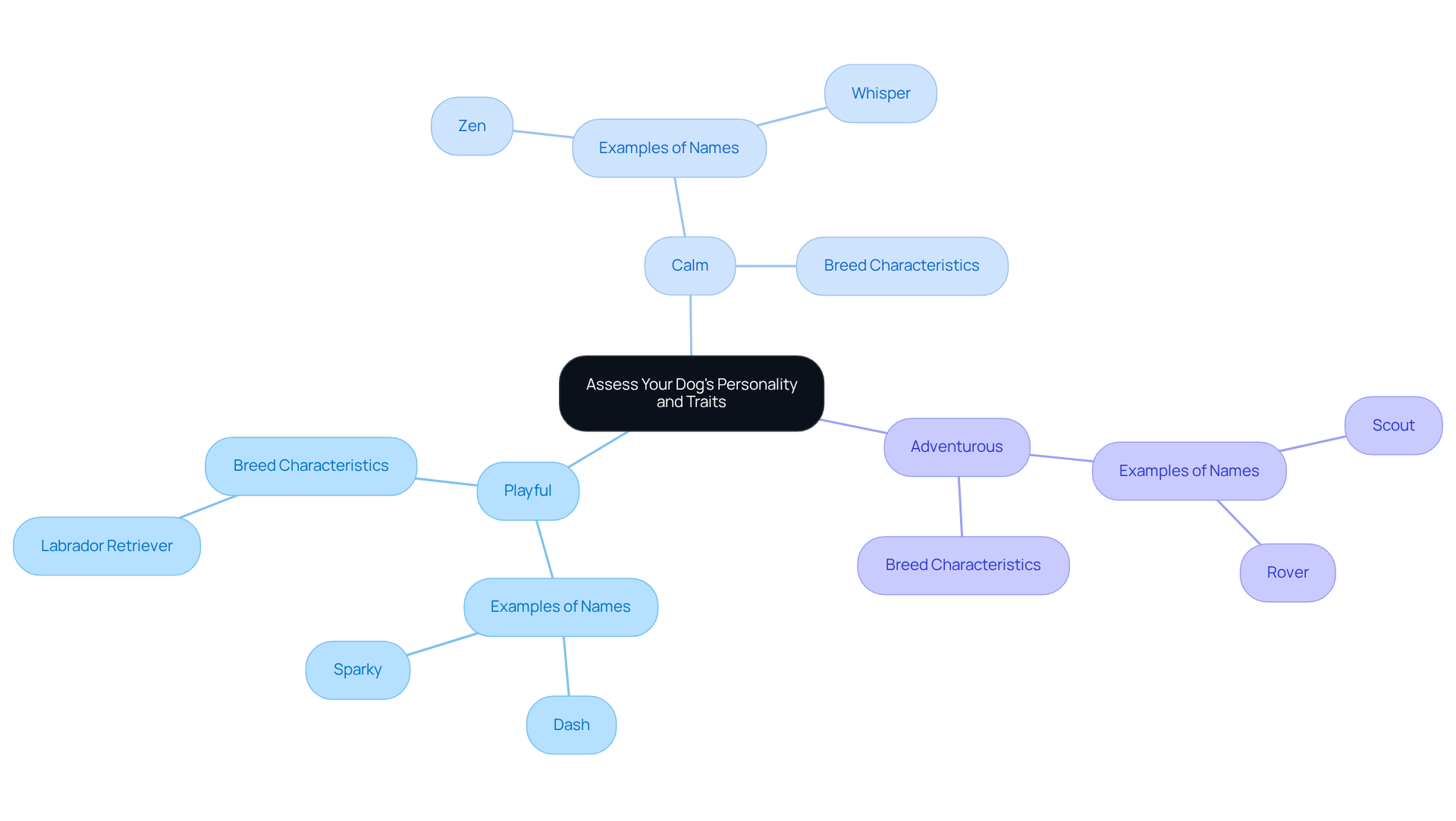 Each branch represents a different personality trait of dogs. The sub-branches show examples of names that match those traits, helping you find the perfect name that fits your furry friend!