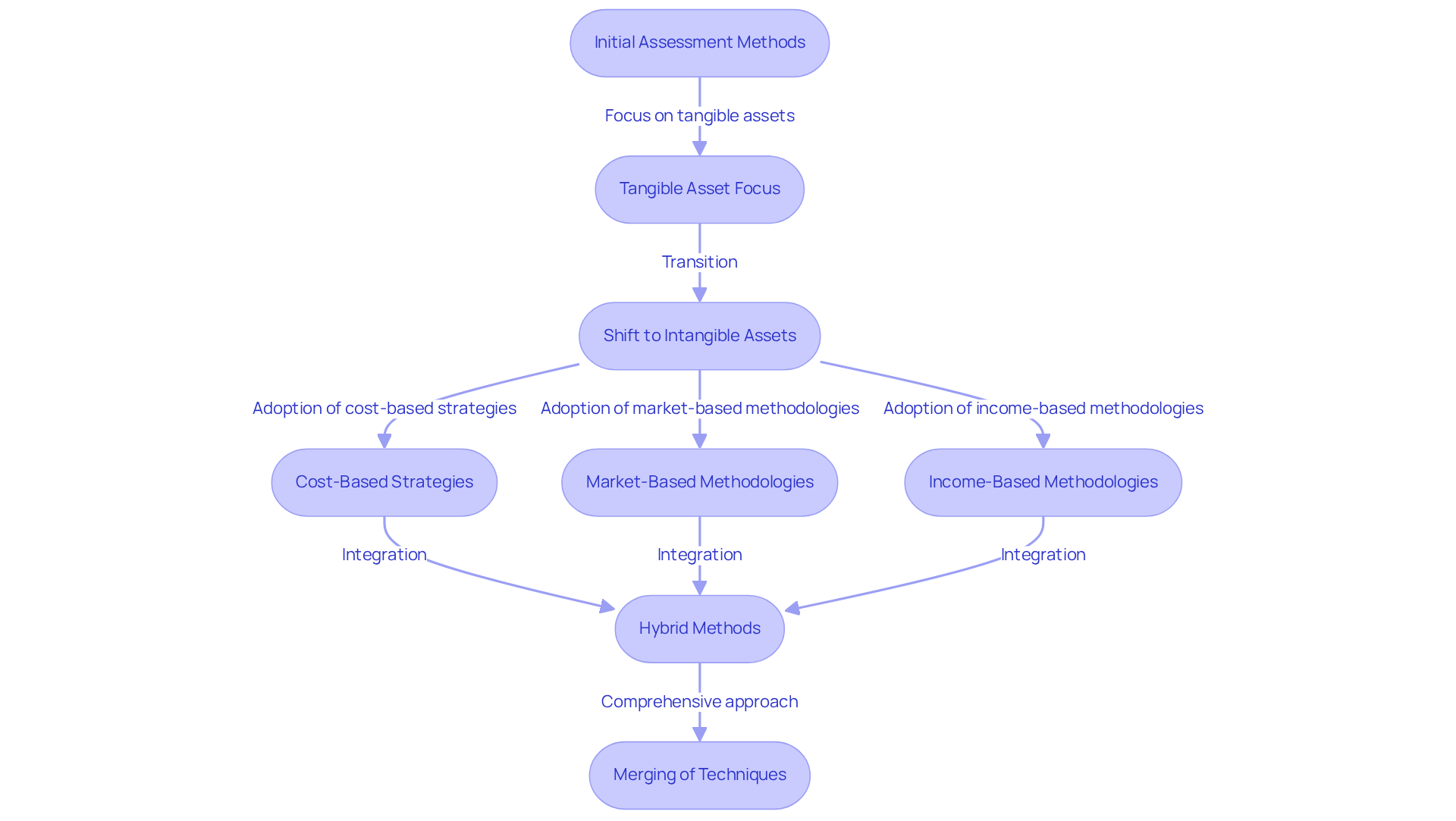 This flowchart illustrates how the assessment of algorithm valuation has evolved over time. Each box represents a stage in the development of valuation methods, showing how the focus shifted from tangible to intangible assets and the various strategies employed along the way.