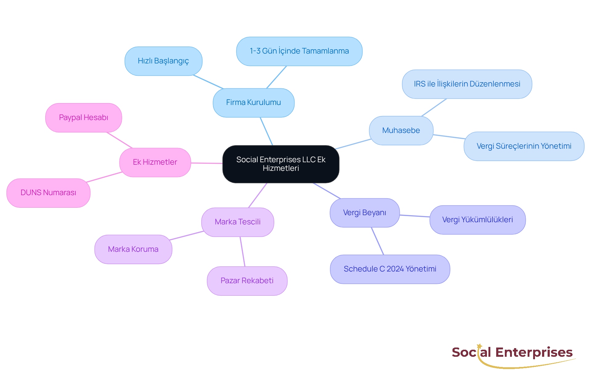 Merkezdeki konu, Social Enterprises'ın sunduğu hizmetlerdir. Dallar, ana hizmetleri ve bunların sağladığı fırsatları gösterir. Her dalın boyutu, ilgili hizmetin önemini temsil edebilir. Merkezdeki konu, Social Enterprises'ın sunduğu hizmetlerdir. Dallar, ana hizmetleri ve bunların sağladığı fırsatları gösterir. Her dalın boyutu, ilgili hizmetin önemini temsil edebilir.