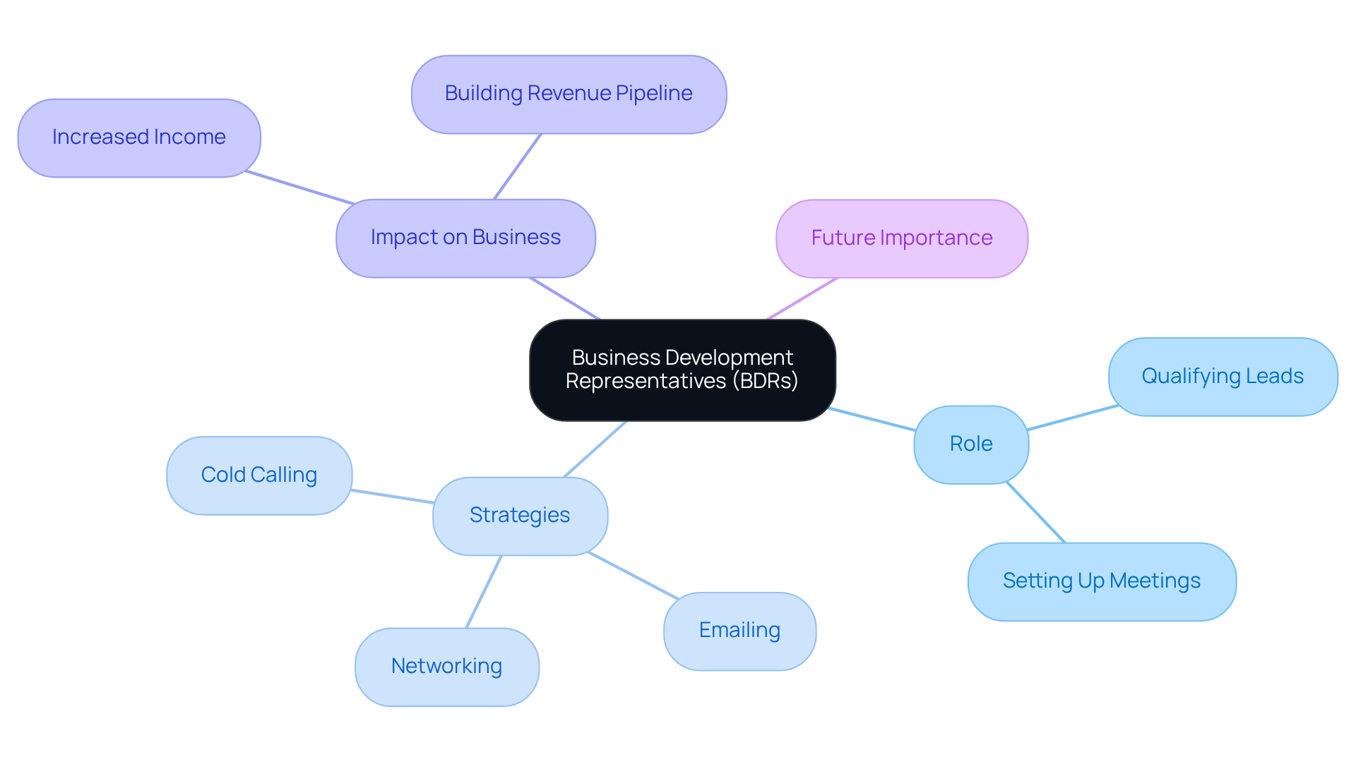 The central node represents BDRs, with branches showing their roles, strategies, and impacts. Each color-coded branch helps you see how these elements connect and contribute to business success.