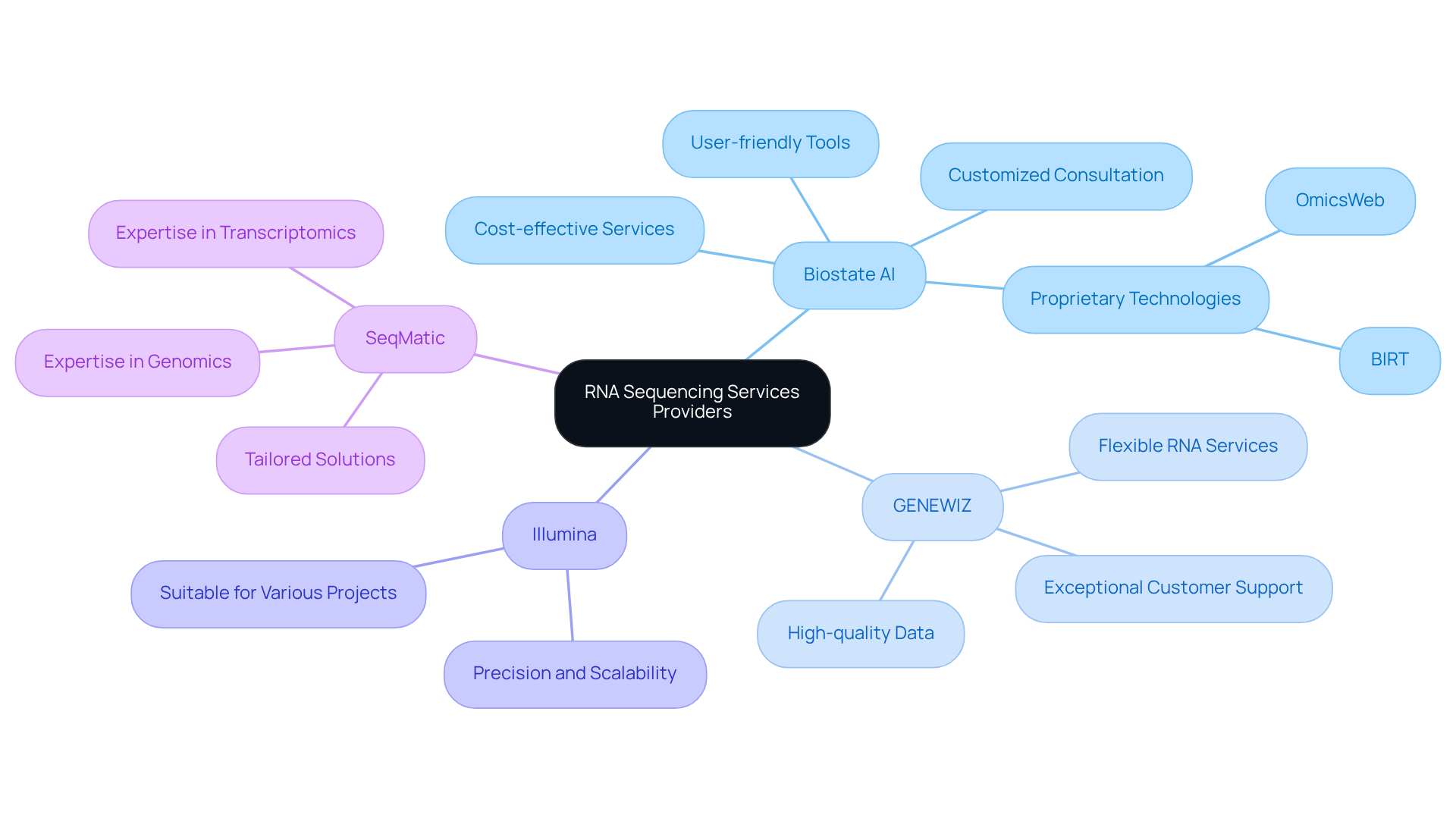 The central node shows the main topic, with branches representing each provider. The sub-branches highlight their specific strengths, making it easy to compare them at a glance. The central node shows the main topic, with branches representing each provider. The sub-branches highlight their specific strengths, making it easy to compare them at a glance.