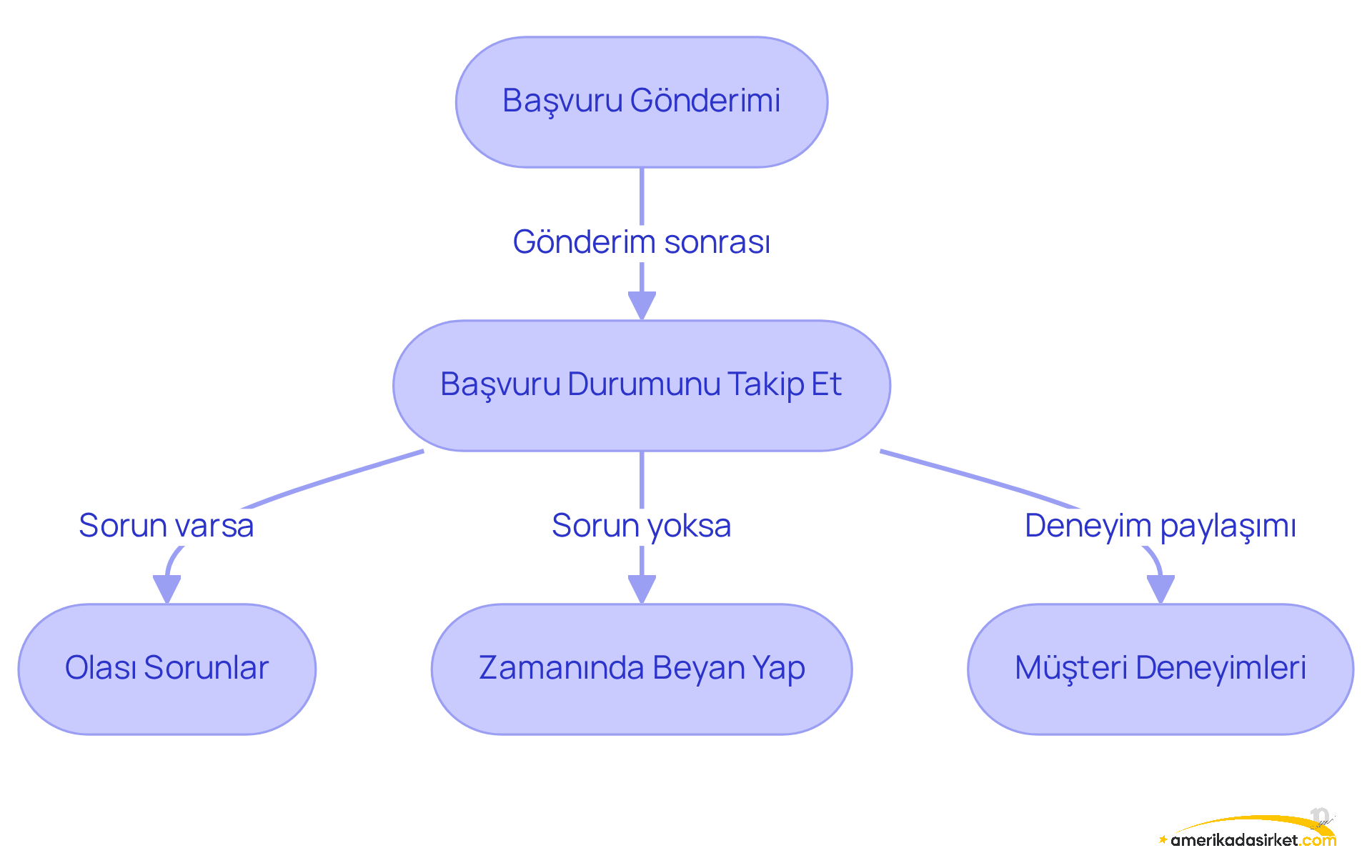 Her kutu, başvuru sürecinin bir aşamasını temsil eder. Oklar, adımlar arasındaki geçişi gösterir. Sürecin her aşamasında dikkat edilmesi gereken noktaları takip edebilirsiniz.