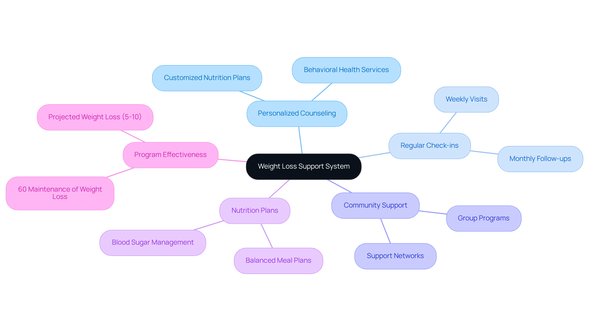 The center represents the overall support system, while the branches show different aspects that help individuals succeed in their weight loss journey. Each branch highlights how these elements work together to provide a robust support network.