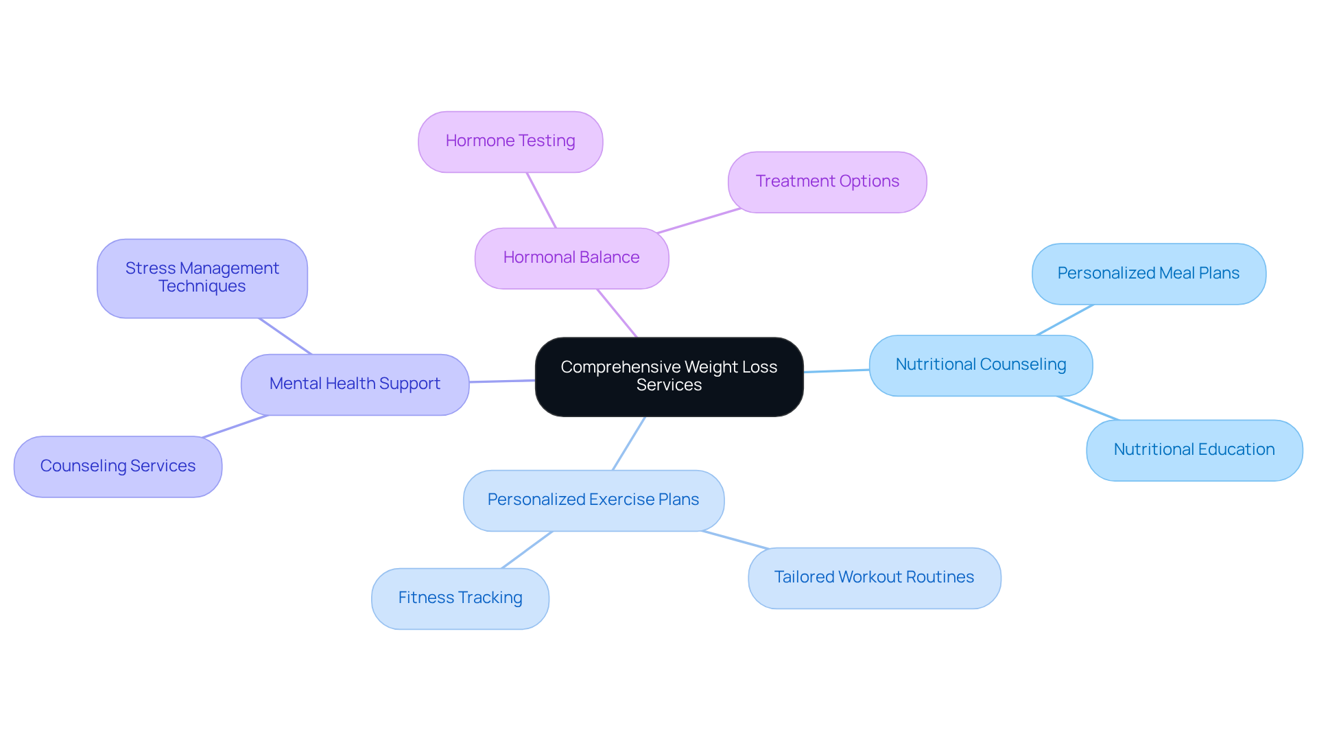 The center represents the main idea of seeking comprehensive services. Each branch shows a different aspect of support available, illustrating how they work together to help you on your weight loss journey.