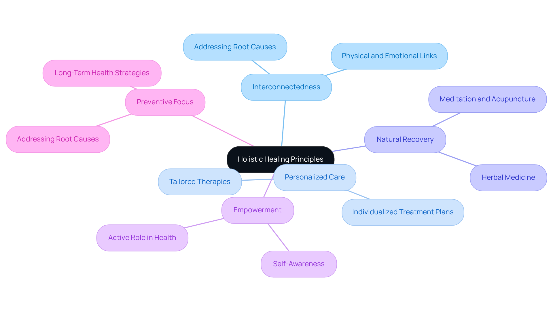 The central node represents holistic wellness, while each branch highlights a key principle. Explore how these principles connect and support your journey toward optimal health and spiritual growth.