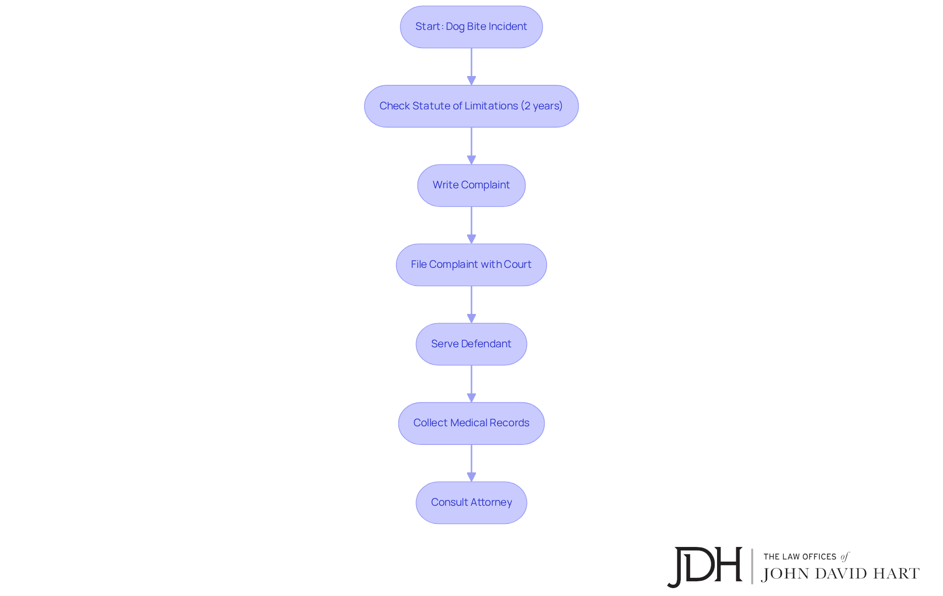 This flowchart guides you through the process of filing a dog bite lawsuit. Each box represents a step you need to take, and the arrows show you the order in which to complete them. Start from the top and follow the arrows to navigate your way through the legal process. This flowchart guides you through the process of filing a dog bite lawsuit. Each box represents a step you need to take, and the arrows show you the order in which to complete them. Start from the top and follow the arrows to navigate your way through the legal process.