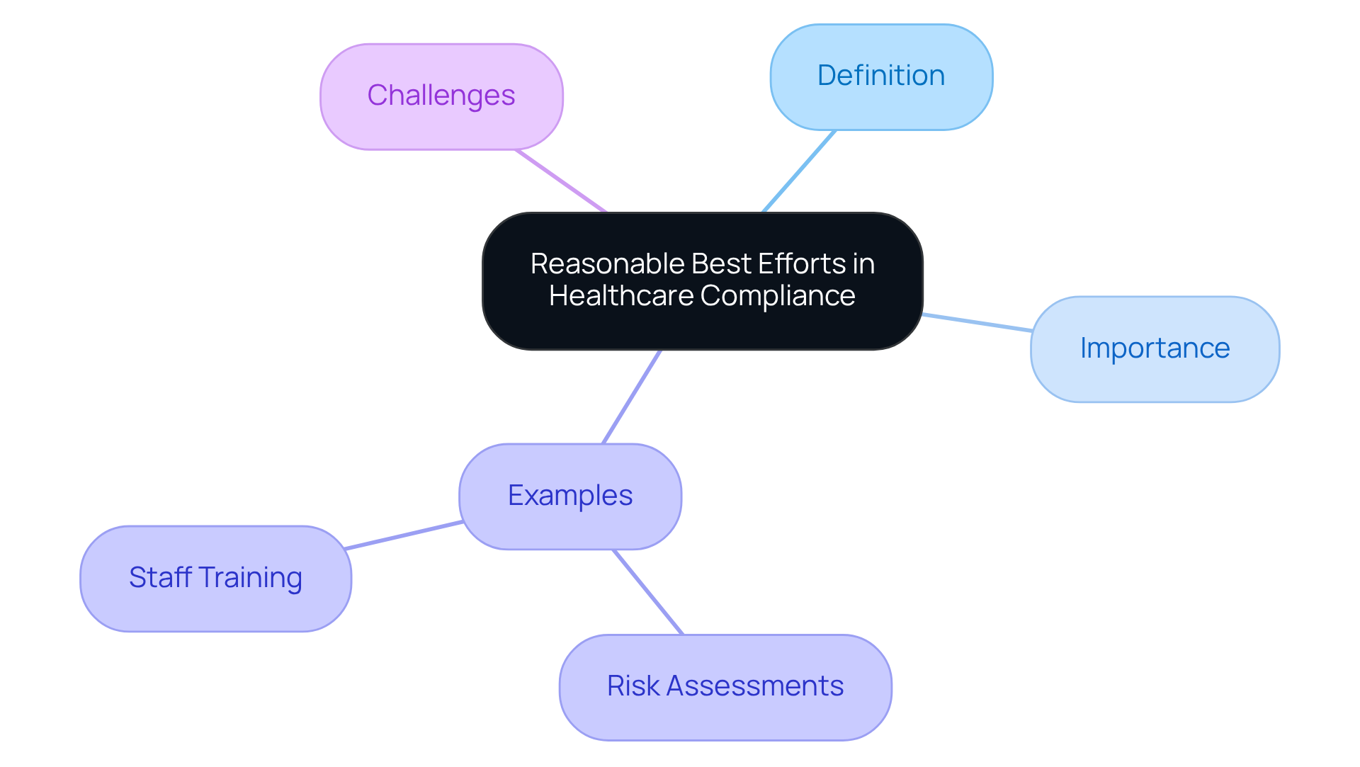 This mindmap starts with the main idea at the center and branches out to show how 'reasonable best efforts' relates to various aspects of healthcare compliance. Each branch represents a different area of focus, helping you see the connections and details clearly.