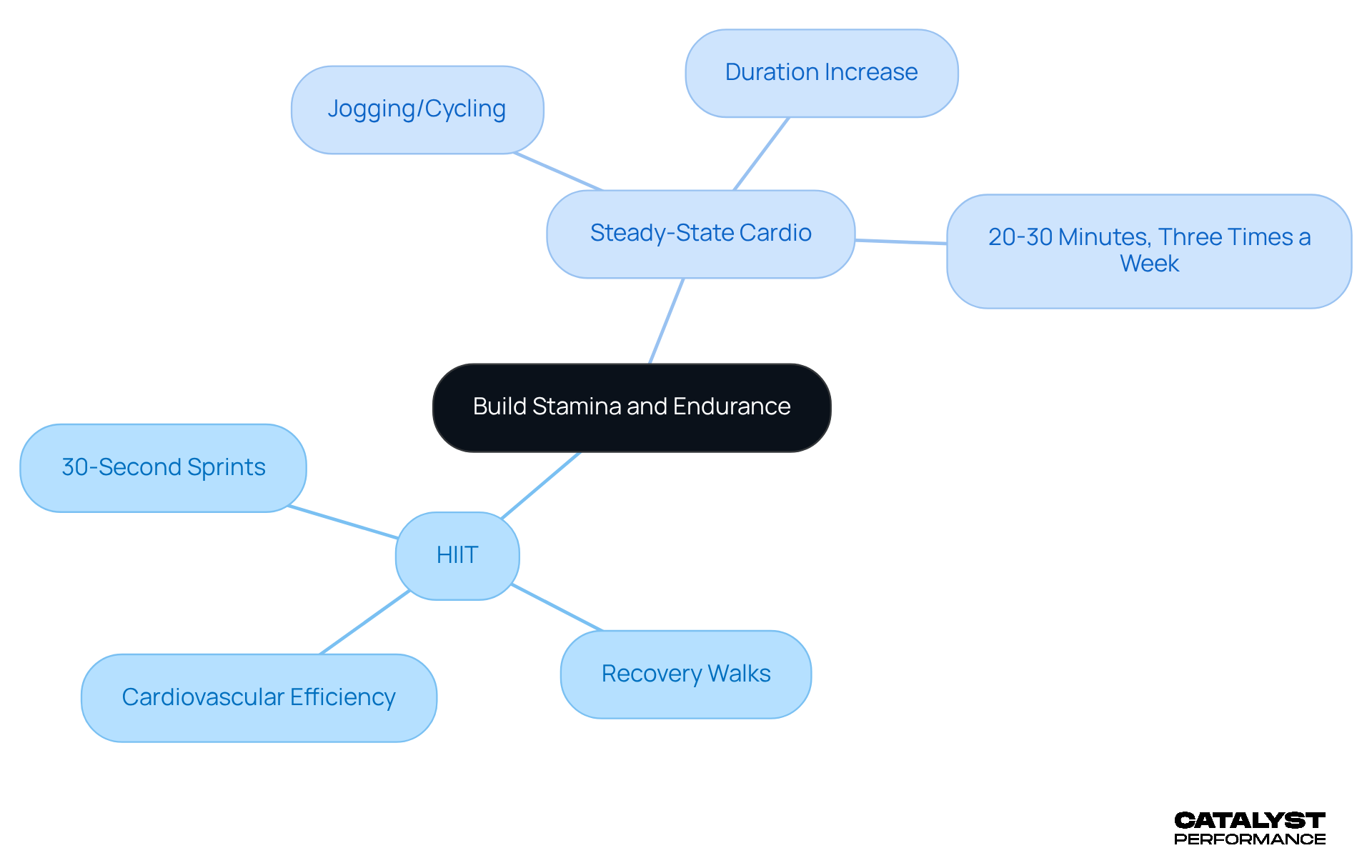The central node represents the main goal of building stamina and endurance. The branches show different training methods, and the sub-branches detail specific actions and benefits. Follow the branches to see how each technique contributes to your fitness journey.