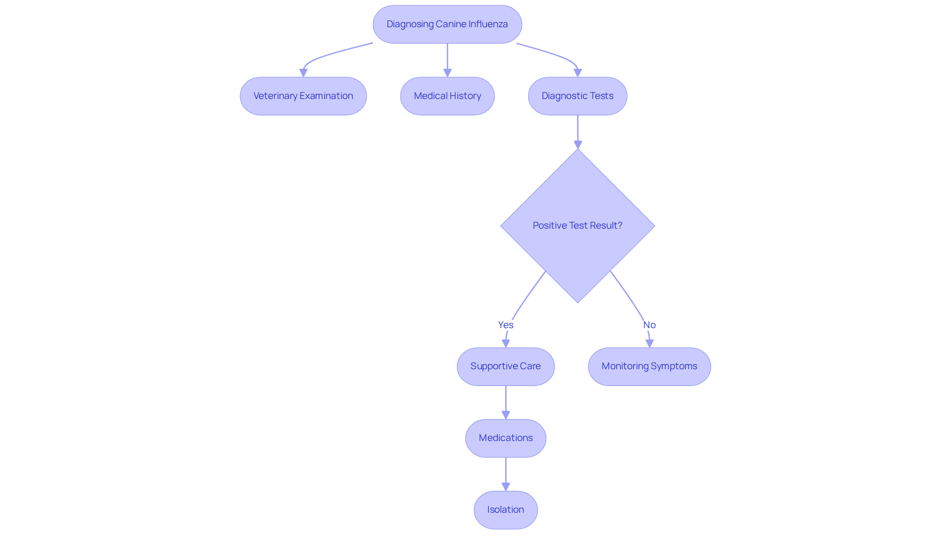 This flowchart guides you through the steps for diagnosing and treating canine influenza in dogs. It starts with diagnosis, moves through testing, and outlines treatment options based on the results. Follow the arrows to understand the process!