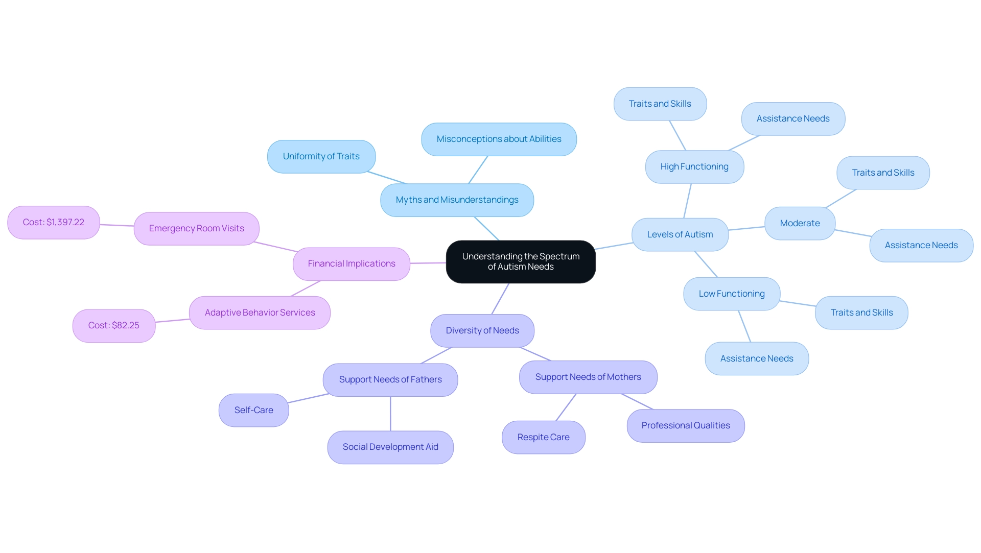 Each branch represents a different aspect of autism needs, with colors indicating categories such as myths, levels of autism, needs, and financial implications.