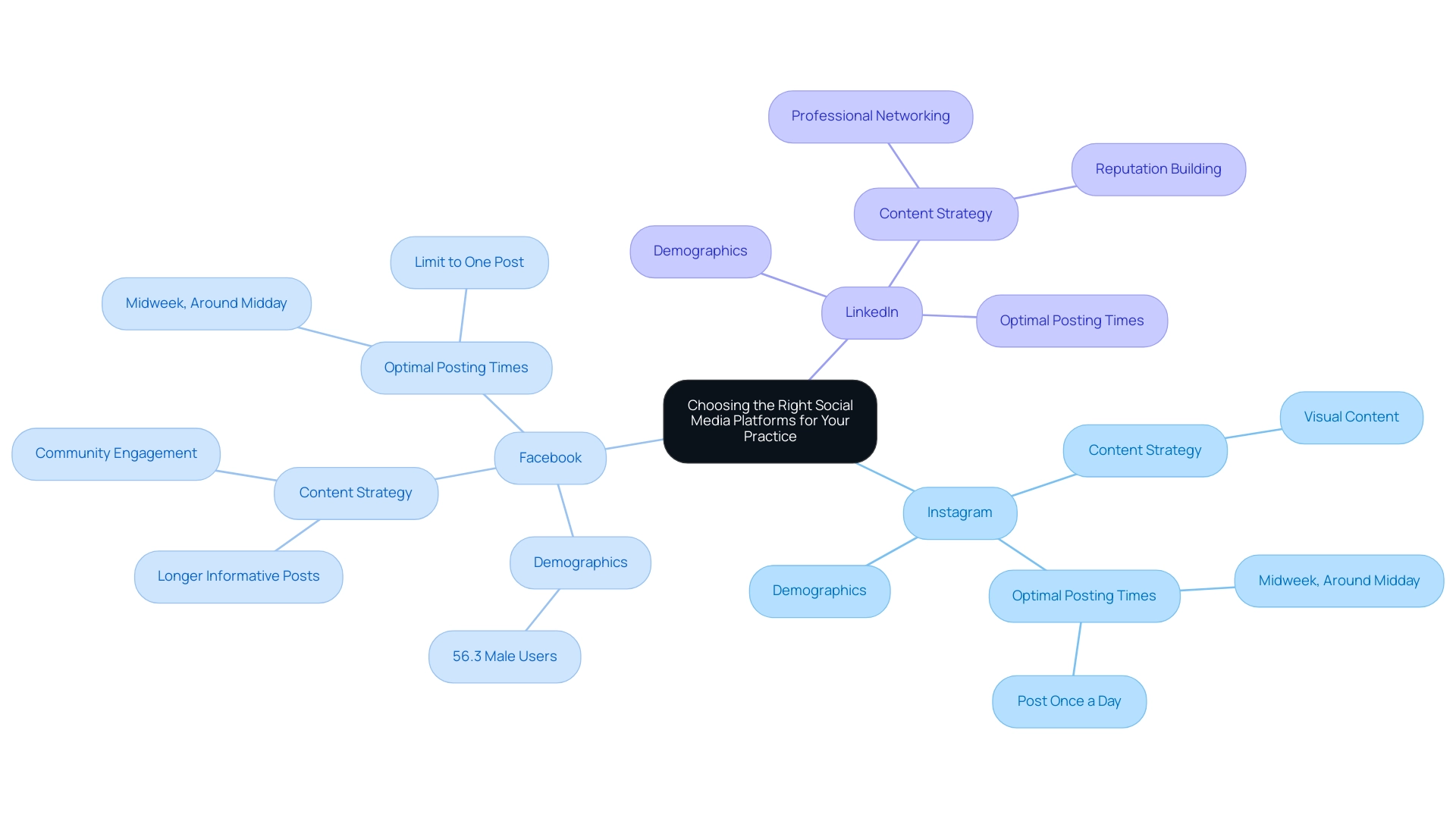 Each branch represents a social media platform with its respective demographics, characteristics, and content strategies. Distinct colors differentiate the platforms. Each branch represents a social media platform with its respective demographics, characteristics, and content strategies. Distinct colors differentiate the platforms.