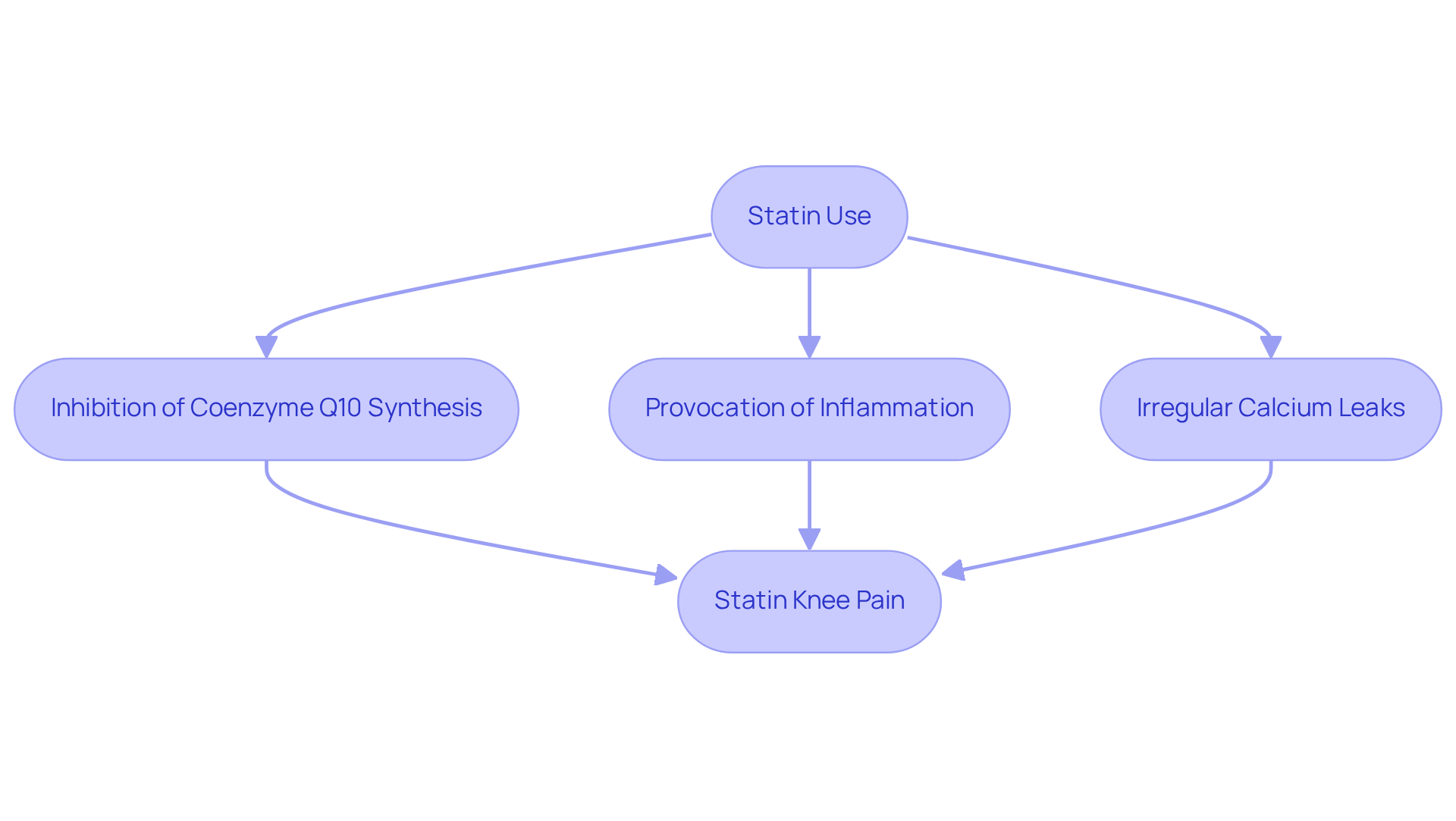 This flowchart illustrates how taking statins can lead to joint pain. It starts with the use of statins and shows how they can disrupt important processes in the body, leading to discomfort. Each box represents a different mechanism, and the arrows show how they connect to the final outcome of knee pain.