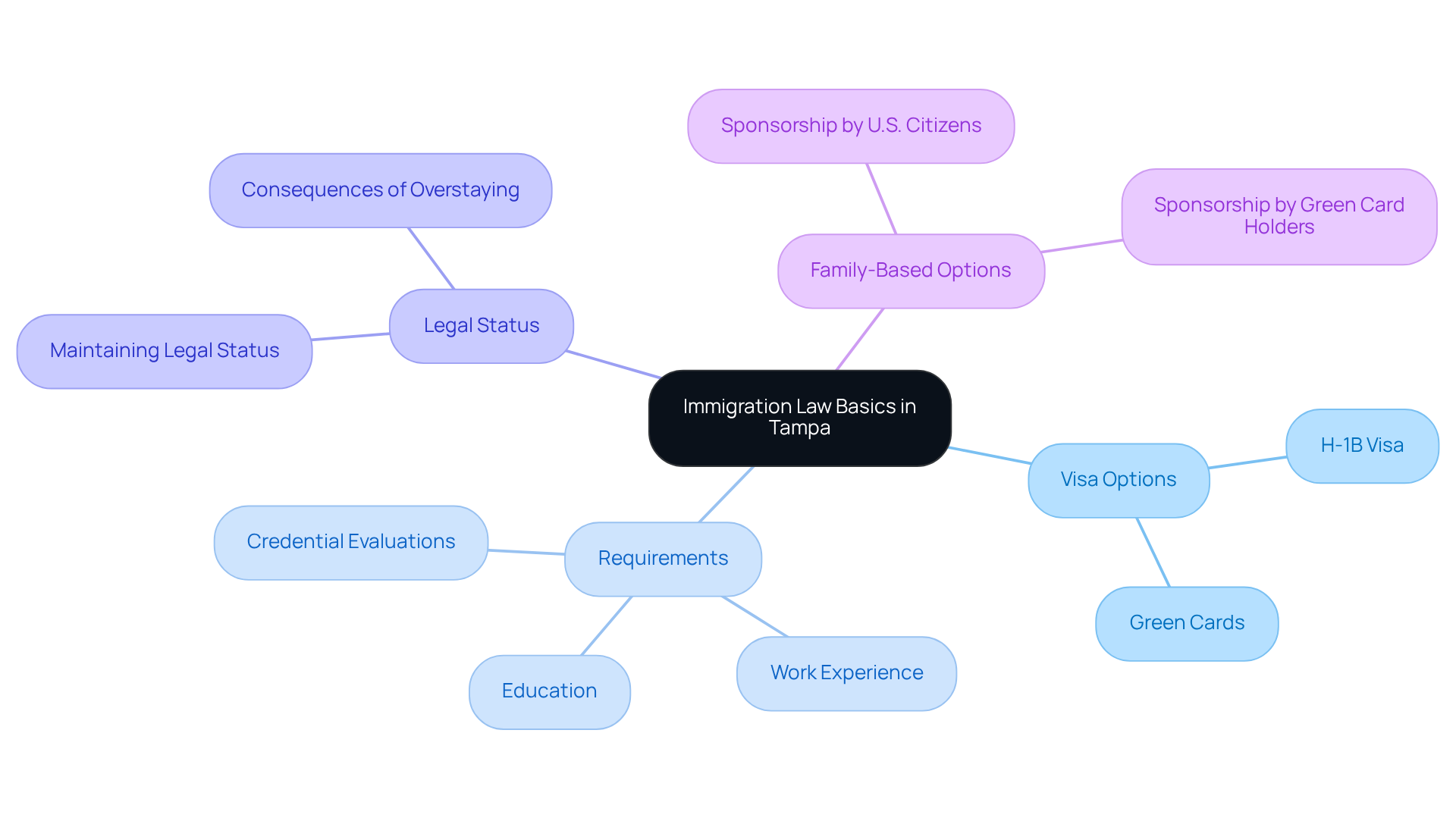 This mindmap helps you visualize the basics of immigration law in Tampa. Start at the center with the main topic, then follow the branches to explore different visa options, their requirements, and how family connections can play a role in your immigration journey.
