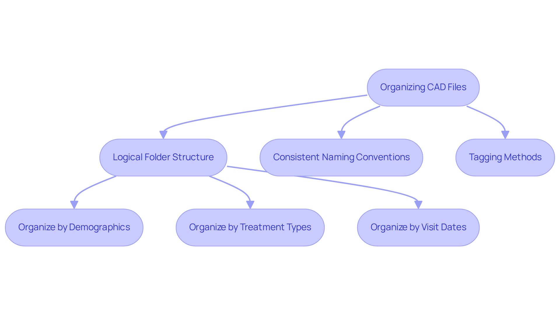 Follow the arrows to see how each organizational strategy connects and contributes to making client information more accessible and manageable.
