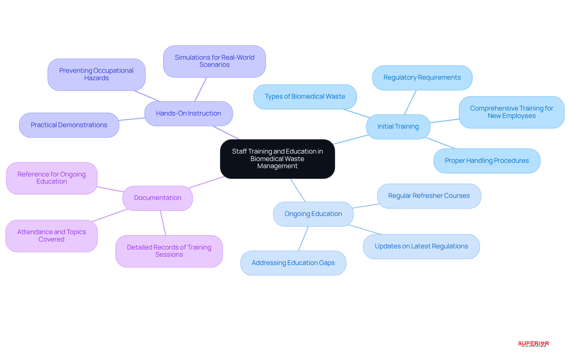 The central node represents the main focus on training, while the branches show the essential components that support effective biomedical waste management. Each sub-branch provides specific details about what each component entails.