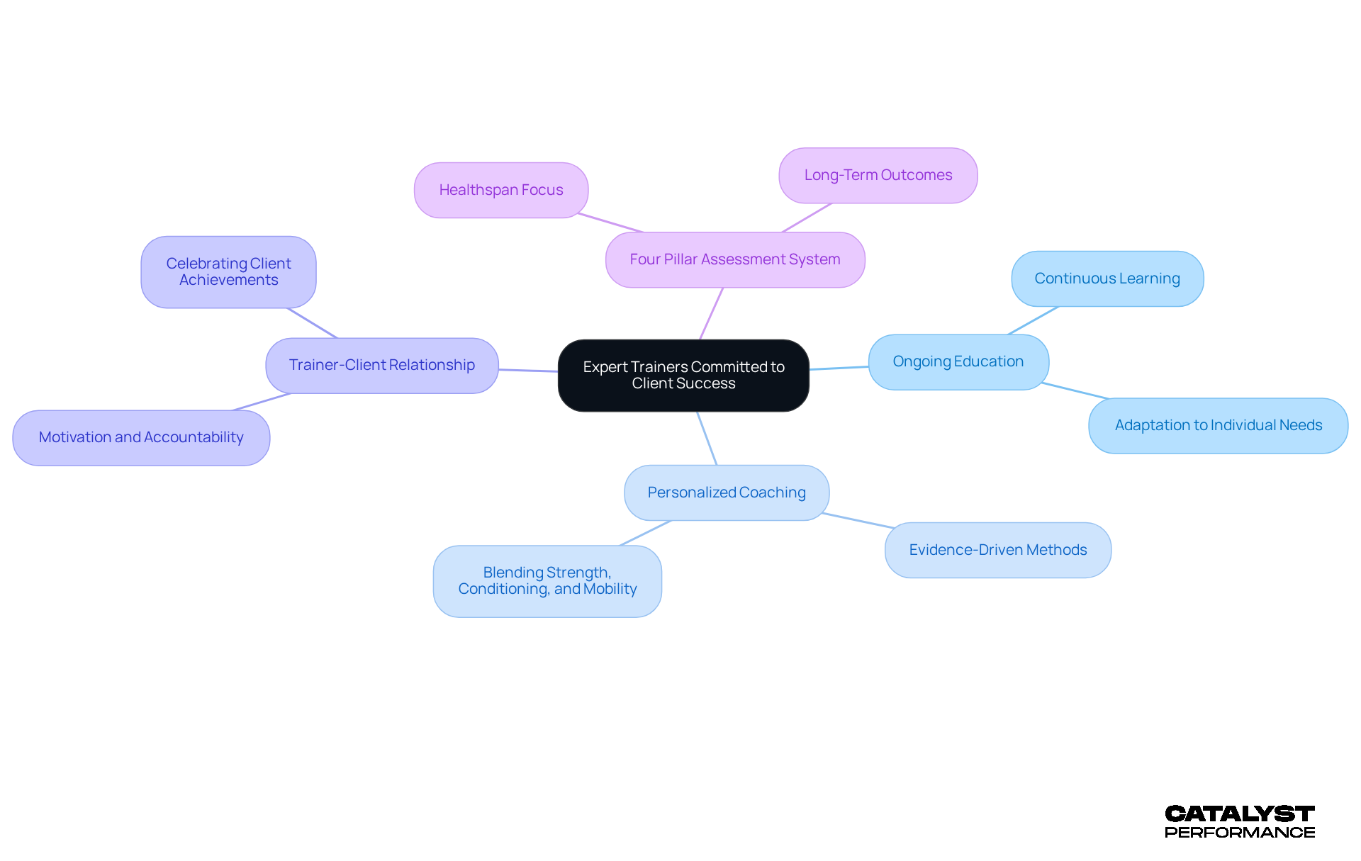 The central node represents the main theme of trainer commitment, while the branches illustrate the various aspects that contribute to client success. Each color-coded branch helps you easily identify different focus areas.
