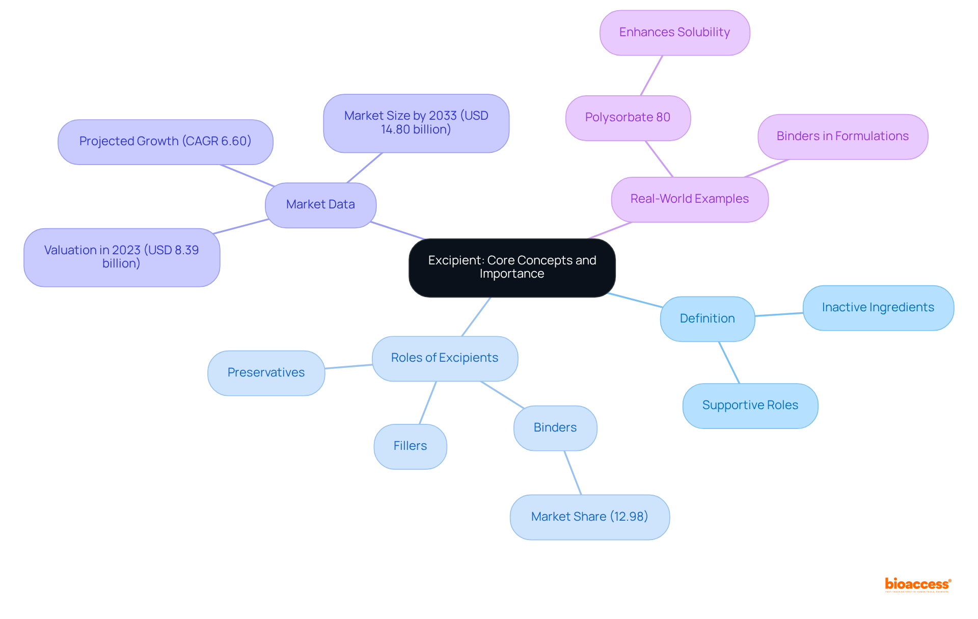 The central node represents the main idea of excipients. The branches show different aspects like their roles, market statistics, and key examples. Each color represents a different category to help visualize their importance and relationships.