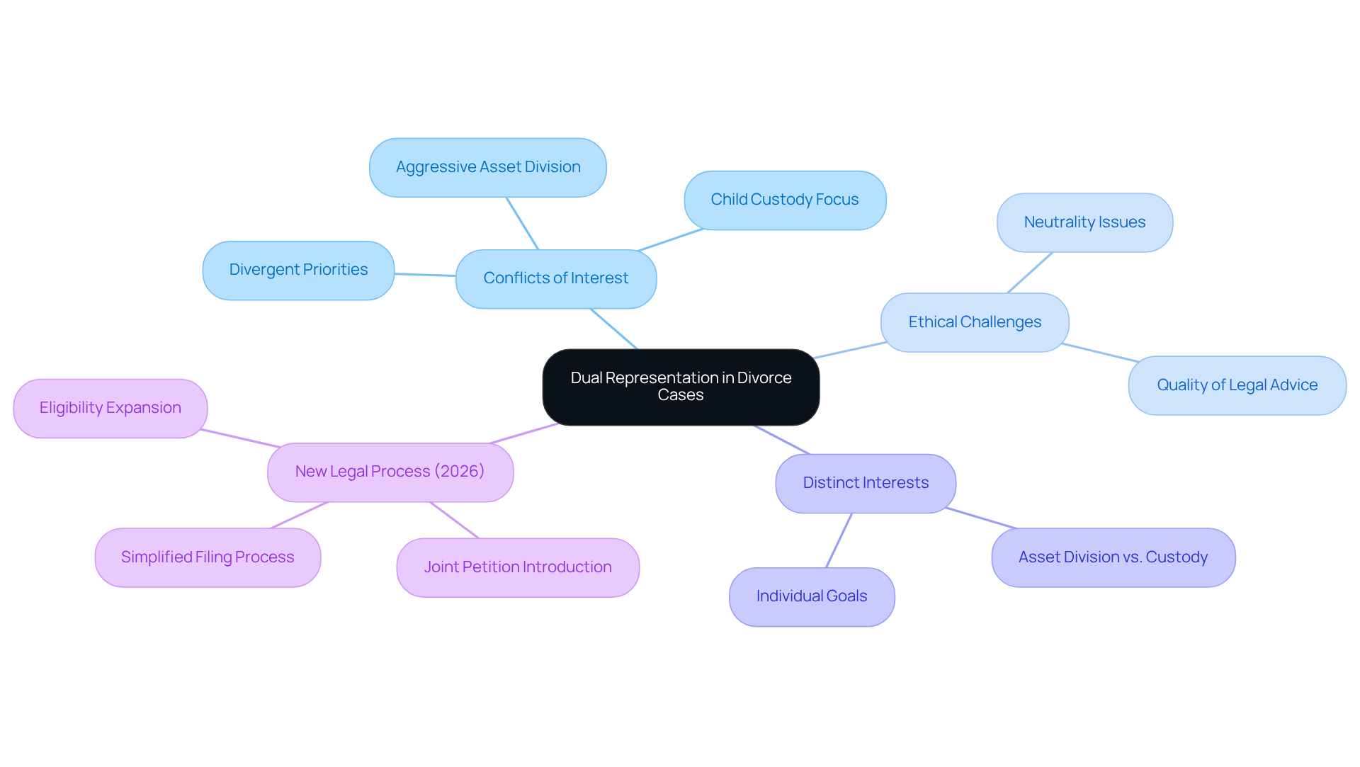 The central node represents the main topic, while branches show related issues and concerns. Each color-coded branch helps you navigate through the complexities of dual representation, illustrating how different factors are interconnected.