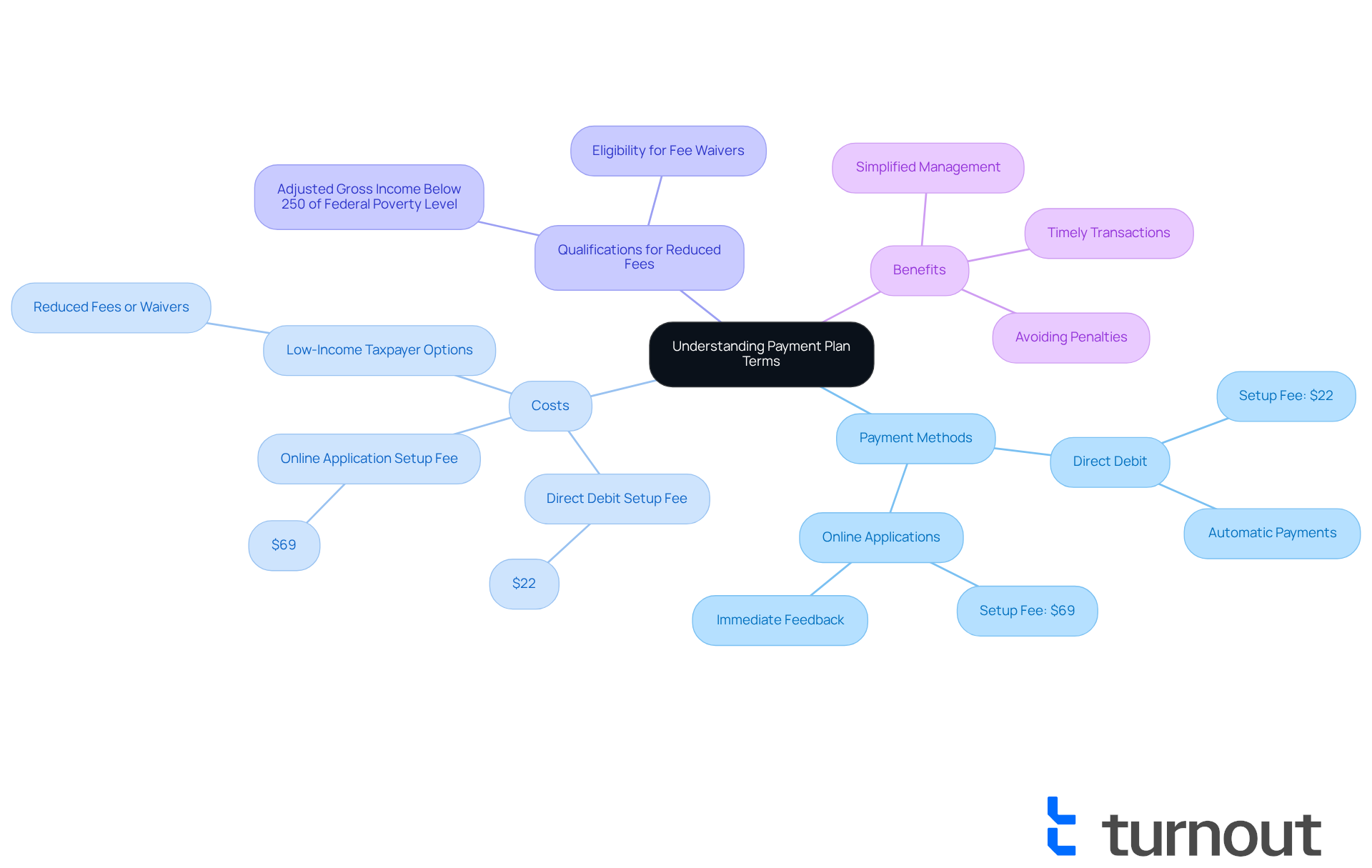 The central node represents the main topic, while branches show different aspects of payment plans. Each branch leads to specific details, helping you see how payment methods and costs relate to your financial decisions.