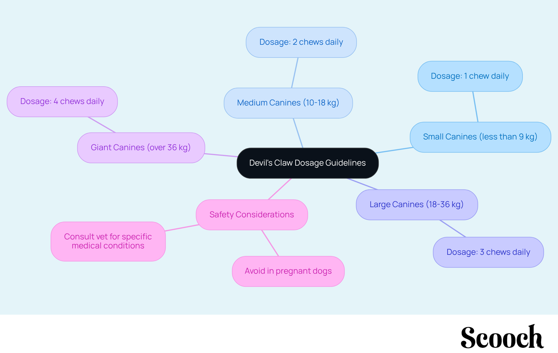 The central node represents the overall topic, while each branch shows the recommended dosage for different dog sizes. The safety considerations branch highlights important warnings to keep your furry friend safe. The central node represents the overall topic, while each branch shows the recommended dosage for different dog sizes. The safety considerations branch highlights important warnings to keep your furry friend safe.