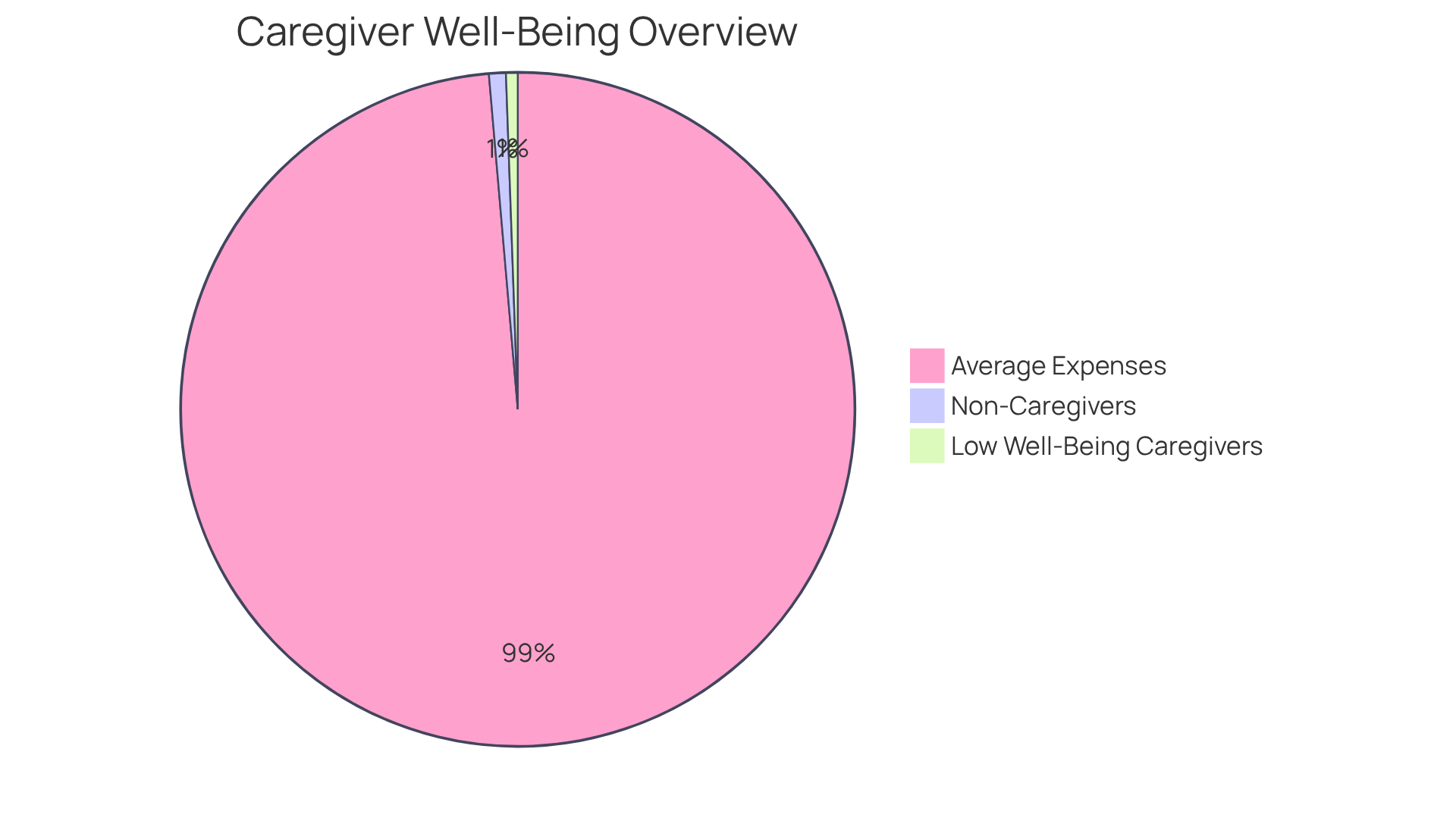 This chart shows the percentage of caregivers who report low well-being compared to those who don't provide care. The additional section highlights the average financial burden caregivers face each year.