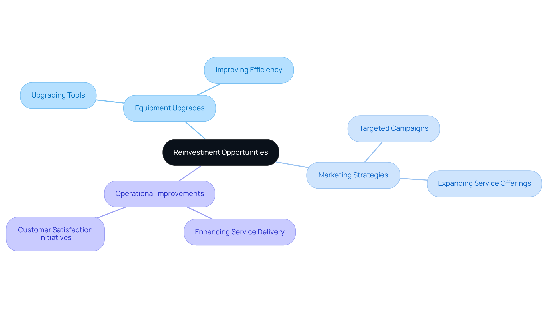 The central node represents the main theme of reinvestment opportunities. Each branch shows a specific area where savings can be reinvested, with further details provided in the sub-branches.