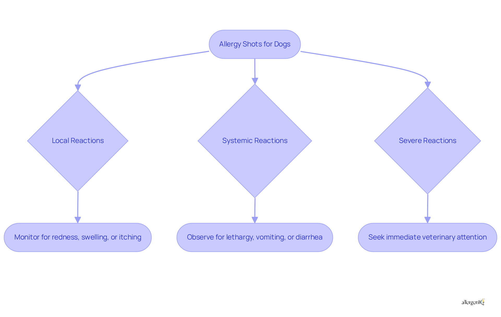 This flowchart helps you understand the different types of reactions your dog might have to allergy shots and what steps to take for each. Follow the arrows to see how to respond based on the type of reaction observed.