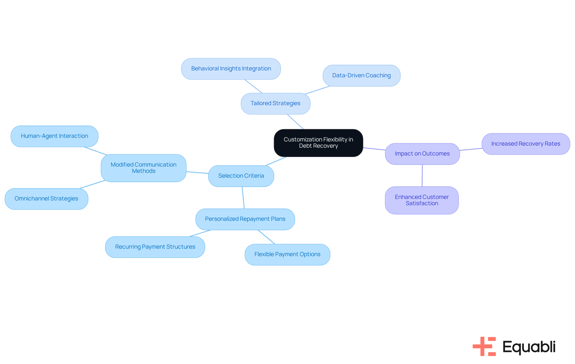 At the center is the main idea of customization flexibility. The branches illustrate different aspects like selection criteria and tailored strategies, showing how each contributes to effective debt recovery.