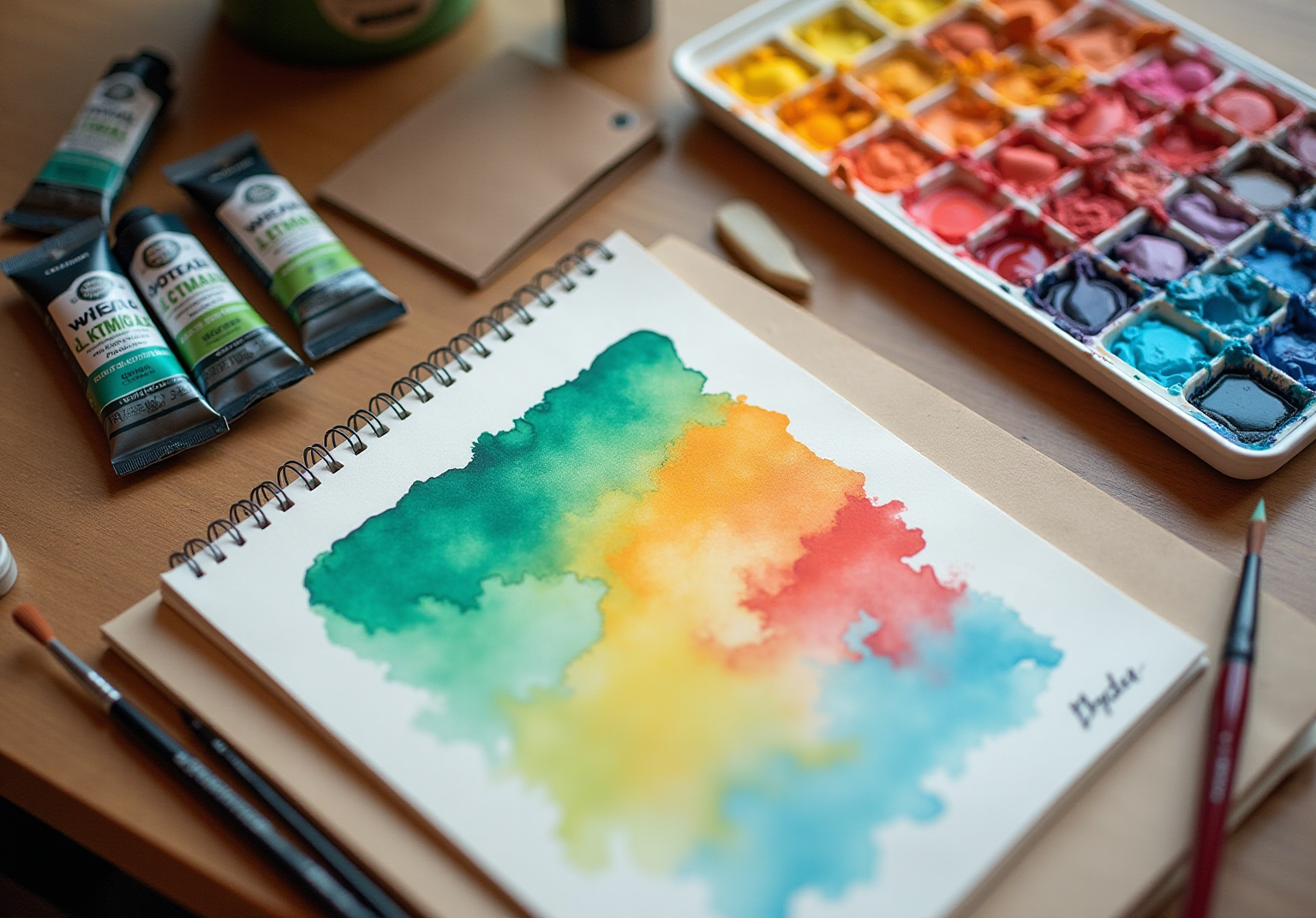 Artistic Workspace with Cotman Watercolor Paints Artistic Workspace with Cotman Watercolor Paints