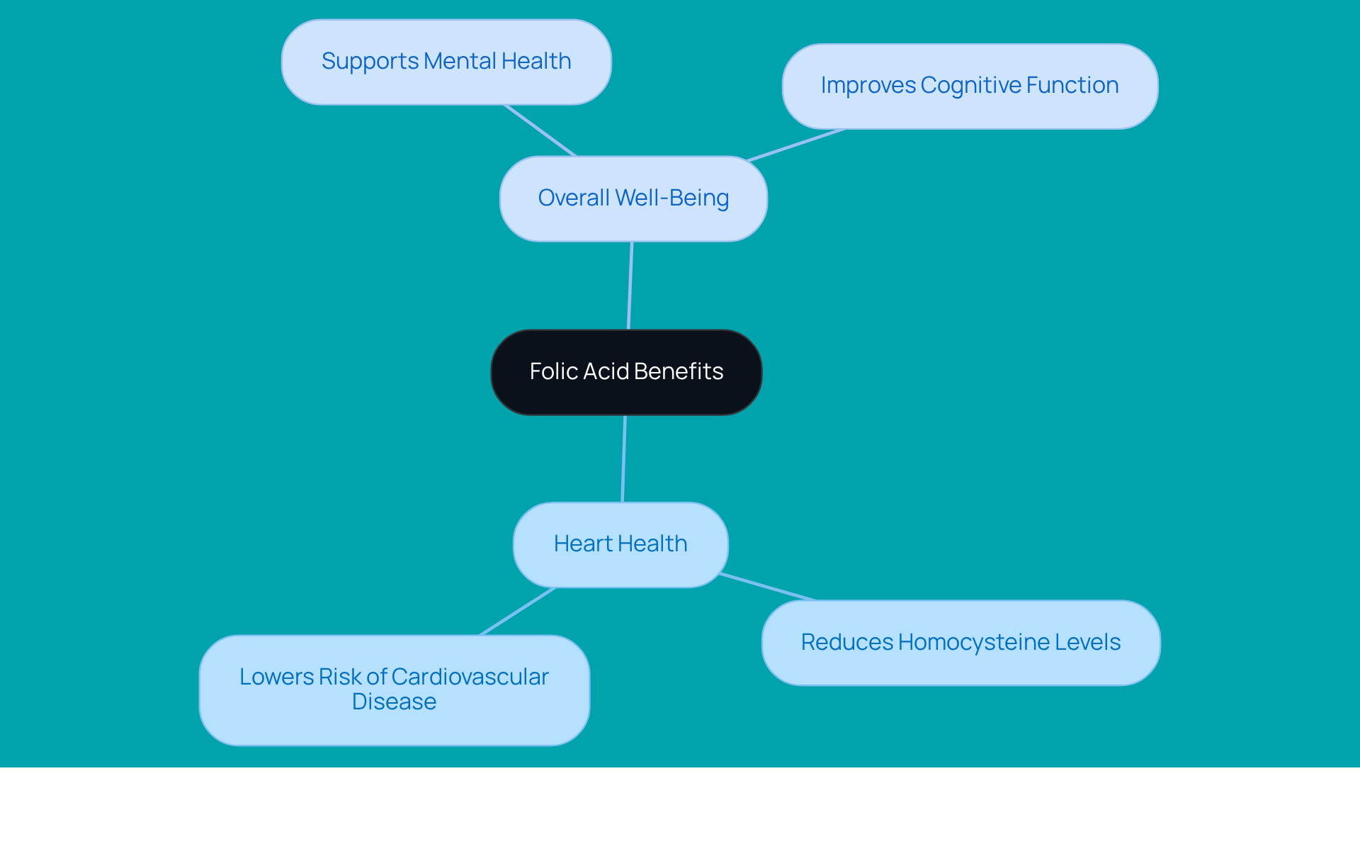 The central node shows the main topic of folic acid benefits. The branches illustrate how it supports heart health and overall well-being, with a specific note on its role in lowering homocysteine levels.
