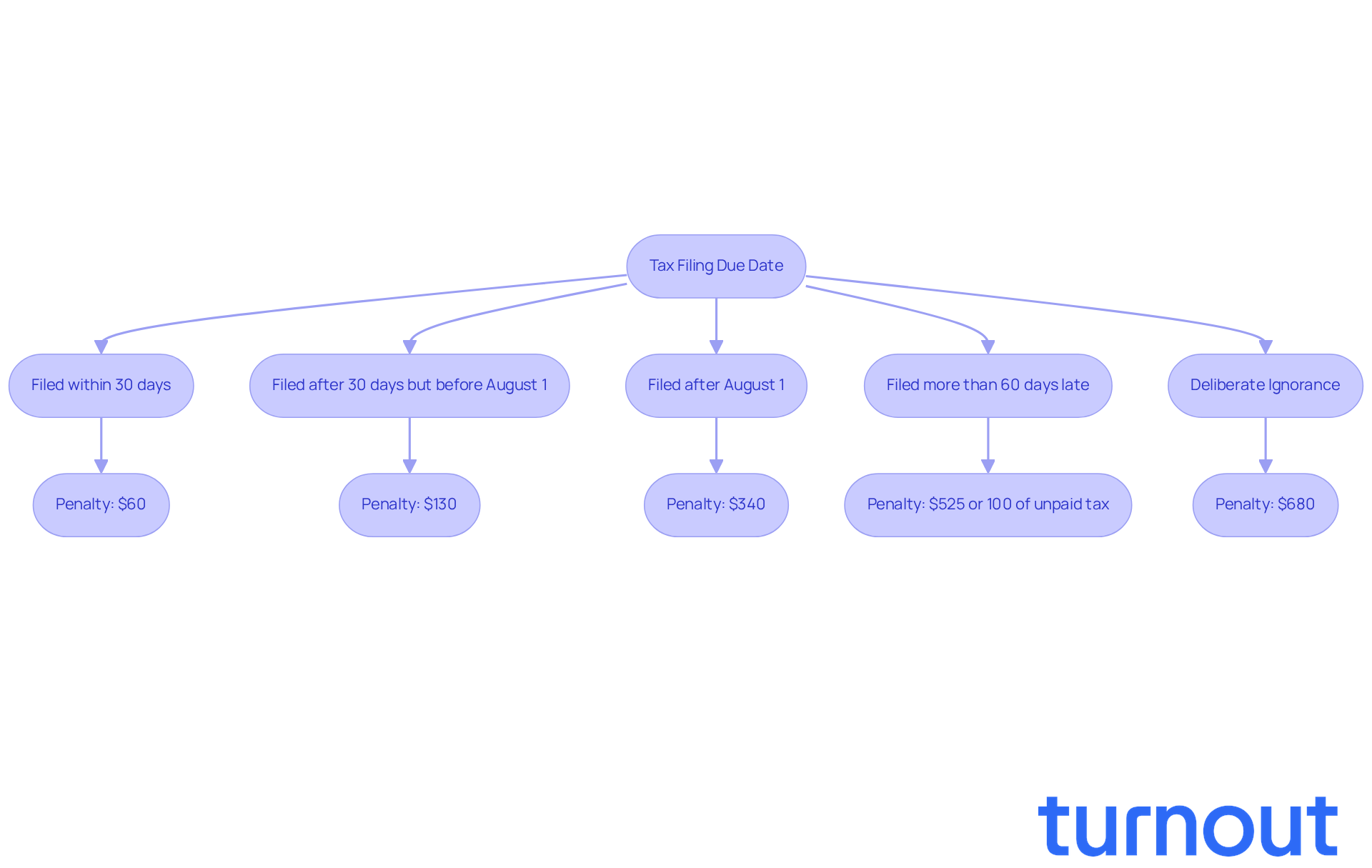 This flowchart shows the penalties for late tax filings. Follow the arrows to see what happens based on when you file. Each box represents a different penalty, so you can easily understand the consequences of late submissions.