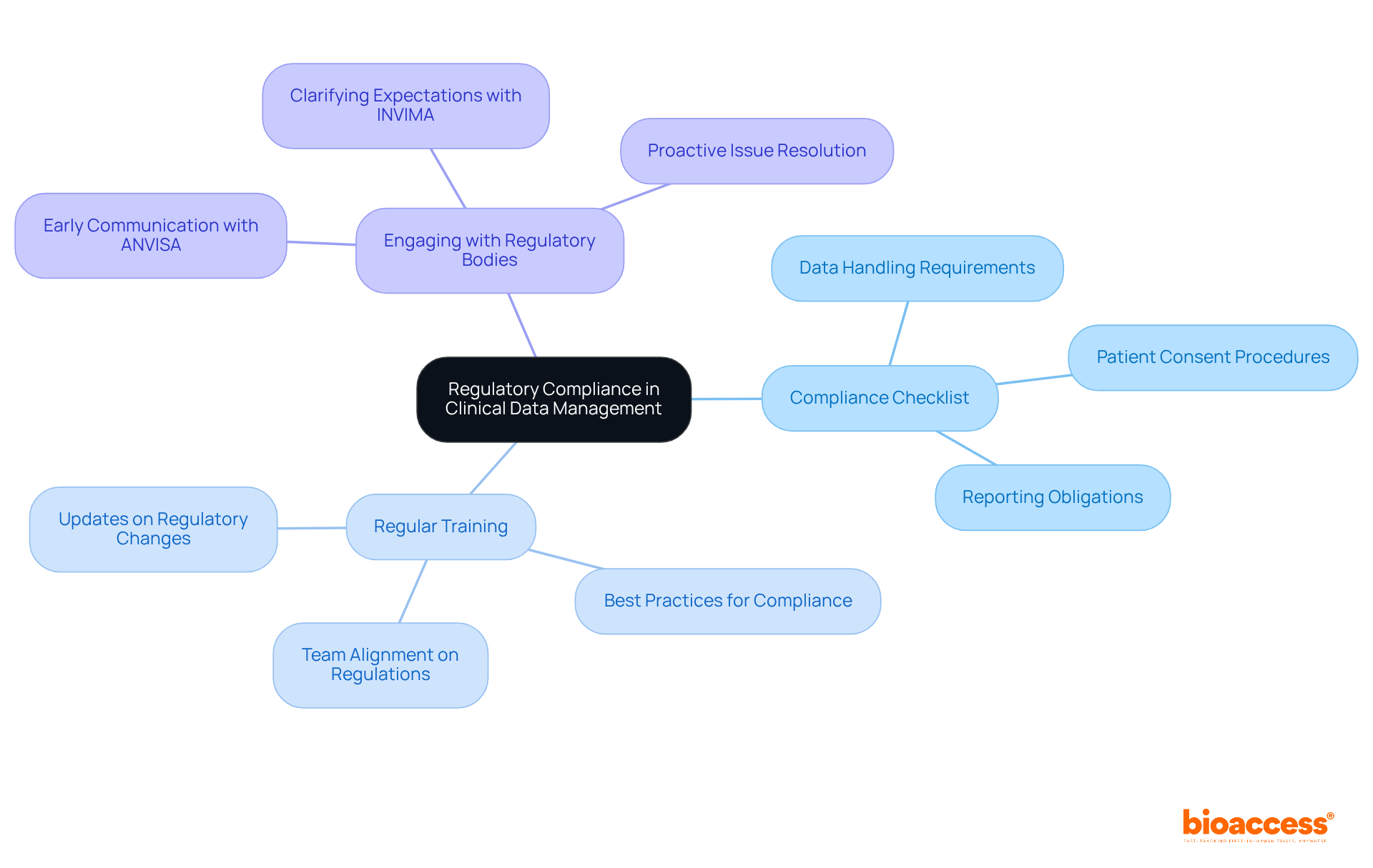 The center represents the main focus on regulatory compliance, while the branches show key strategies to achieve it. Each strategy has specific actions that help startups navigate the regulatory landscape effectively. The center represents the main focus on regulatory compliance, while the branches show key strategies to achieve it. Each strategy has specific actions that help startups navigate the regulatory landscape effectively.