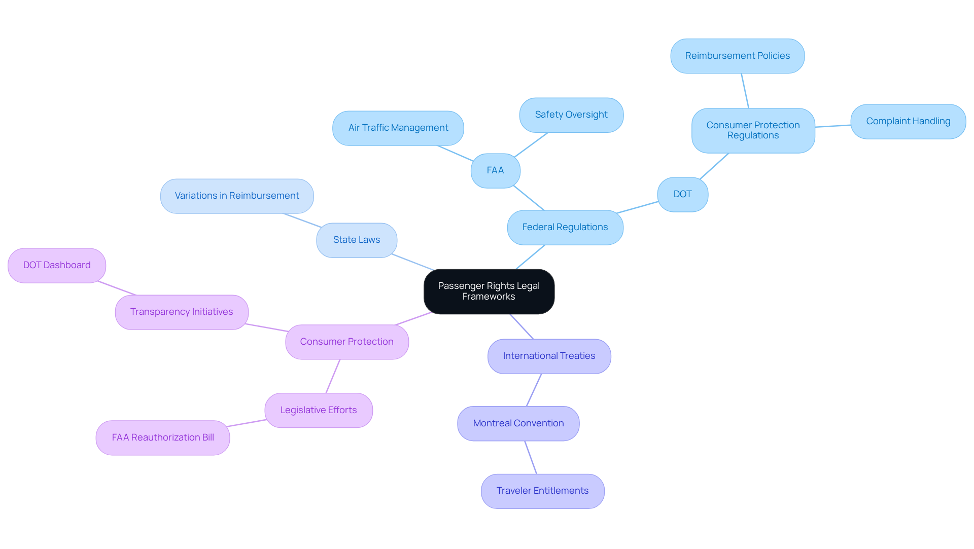 This mindmap illustrates the various legal frameworks that protect passenger rights. Start at the center with the main theme, then explore the branches to see how federal regulations, state laws, and international treaties influence your rights as a traveler.