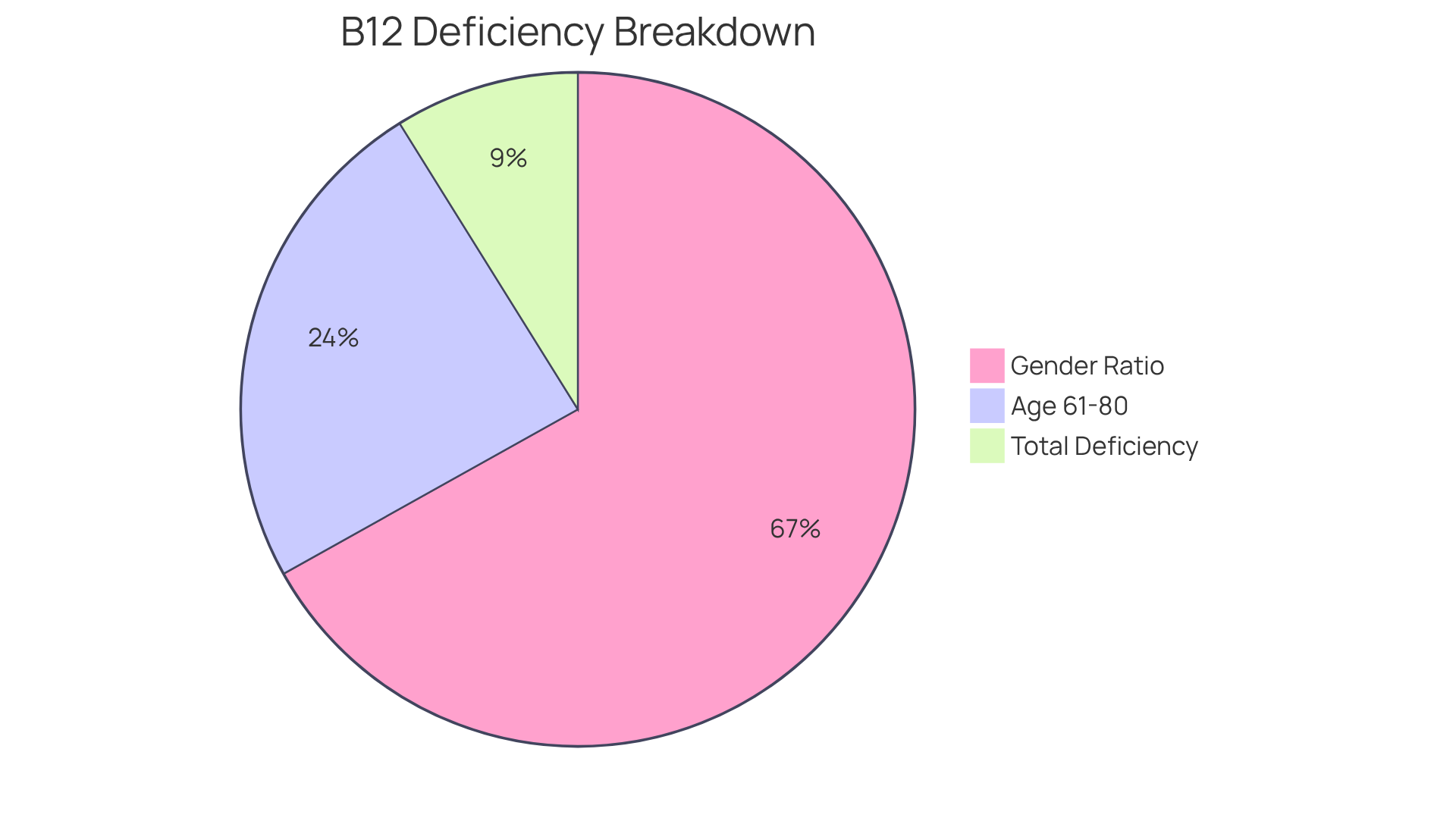 This pie chart shows how many people are affected by B12 deficiency. The larger the slice, the more individuals fall into that category. The blue slice represents the overall deficiency rate, the green slice shows the age group most affected, and the orange slice illustrates the gender disparity in deficiency rates.