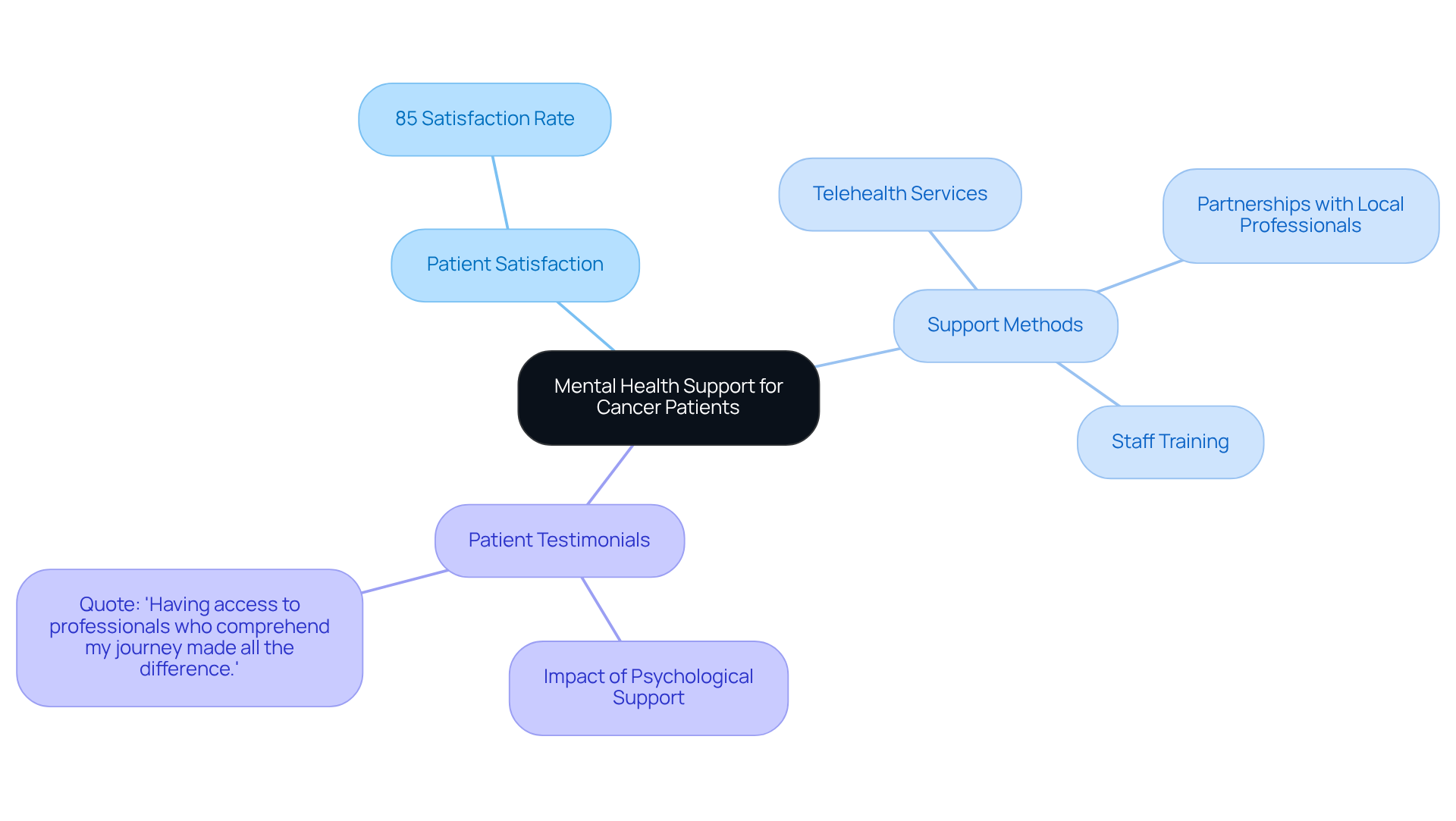 The central node represents the overall theme of mental health support, while branches show how different aspects contribute to patient satisfaction and experiences. Each branch highlights a key area of focus.