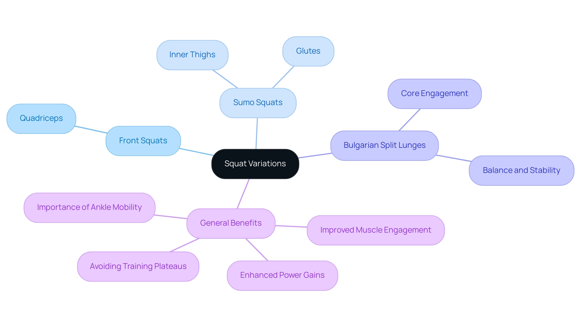 Each branch represents a squat variation, with sub-branches indicating the specific muscles targeted by each exercise.